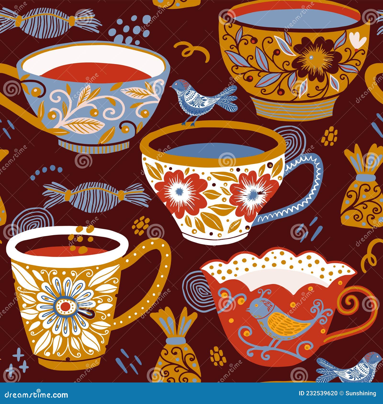 Tea Mug Vector Texture Pattern. Teatime Seamless Pattern. Stock Vector ...
