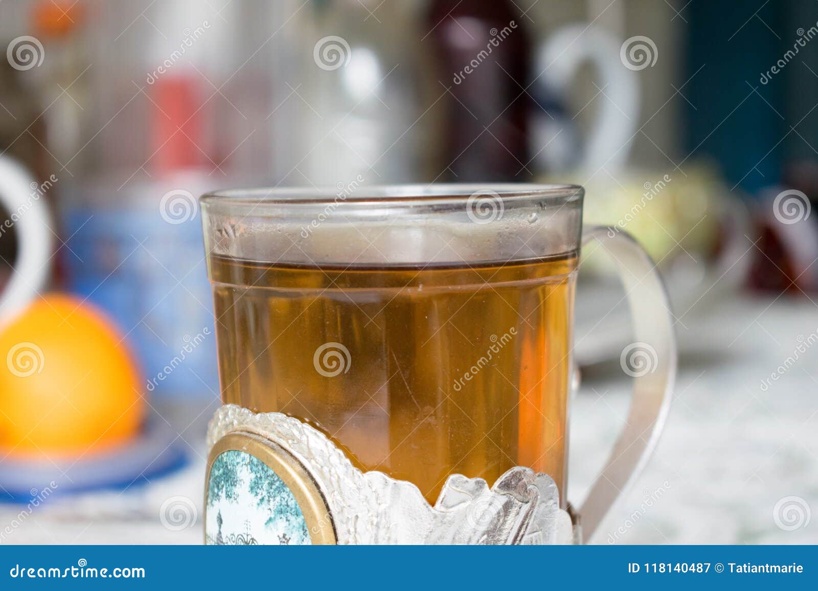 Tea in the Russian Cup Holder. Stock Image - Image of cube, heat: 118140487