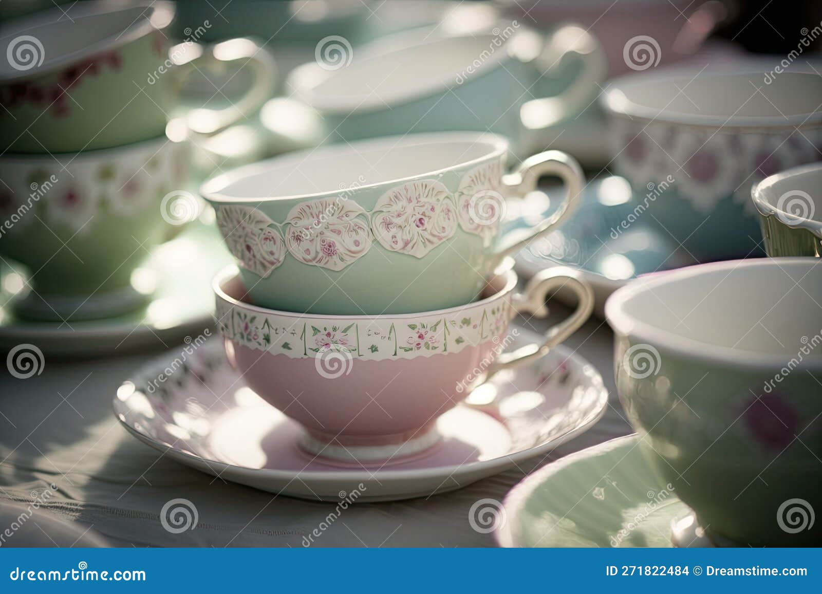 Tea Party in the Afternoon, with Pretty Pastel Tea Cups Lined Up Stock ...