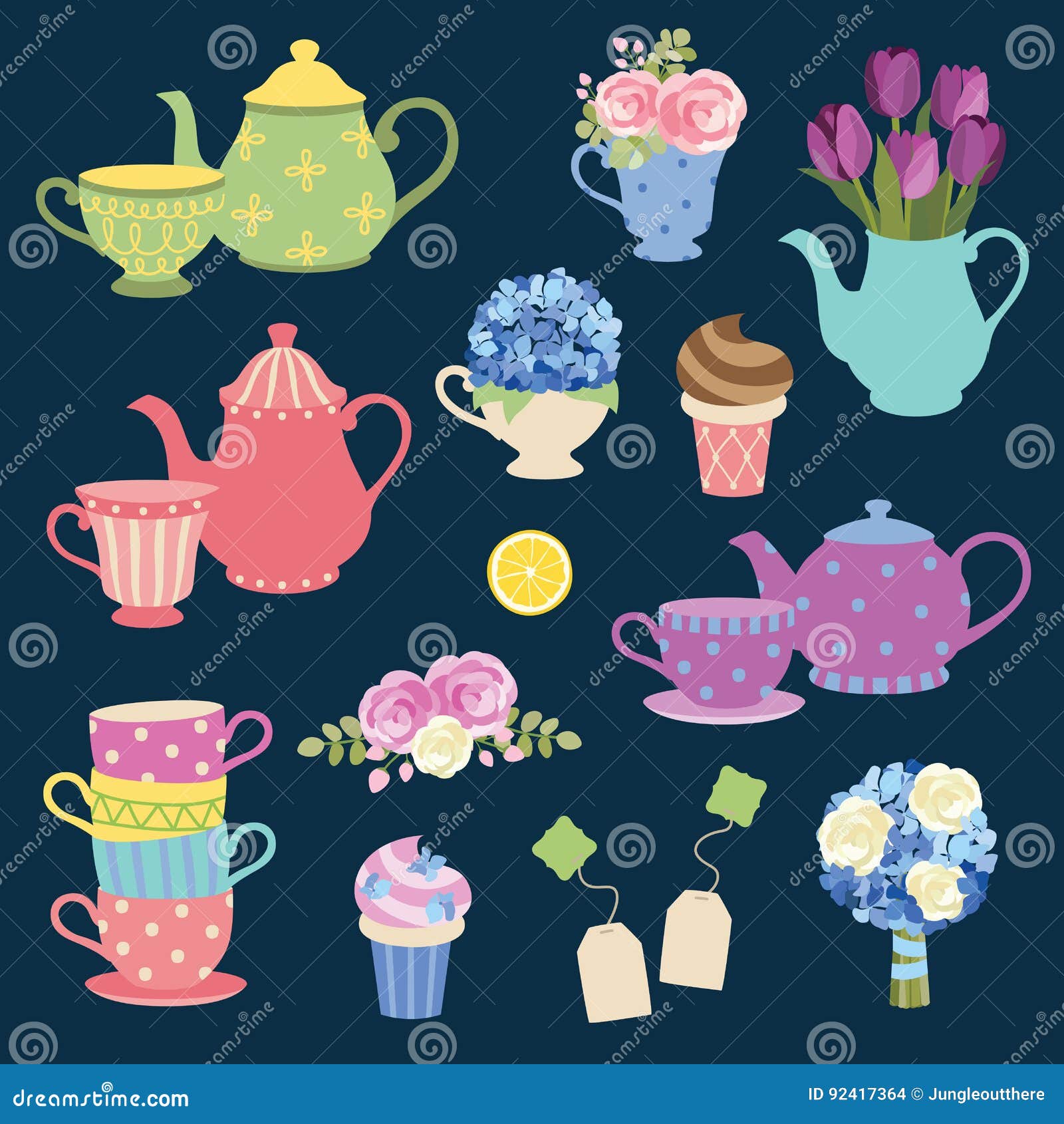 Tea Party and Flower Set stock vector. Illustration of afternoon - 92417364
