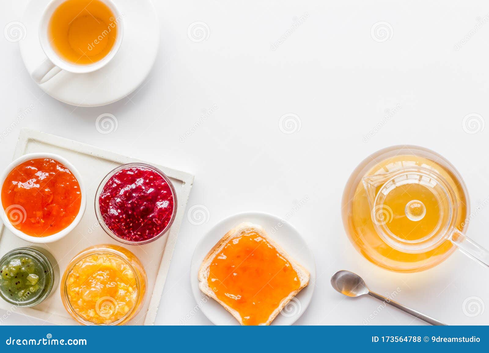 Tea Party with Jam. Toast, Teapot, Cup on White Background Copy Space ...