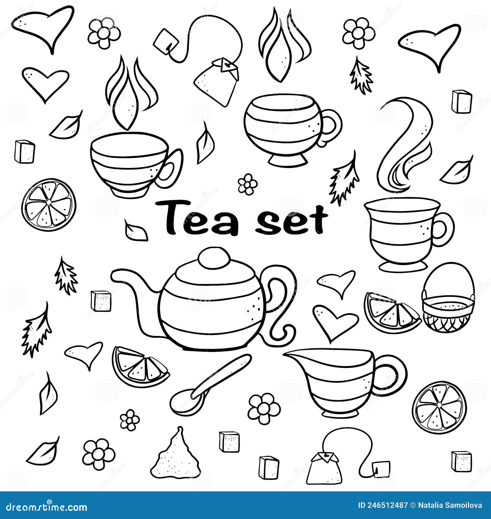 Tea Party, a Large Set of Monochrome Black and White Vector ...