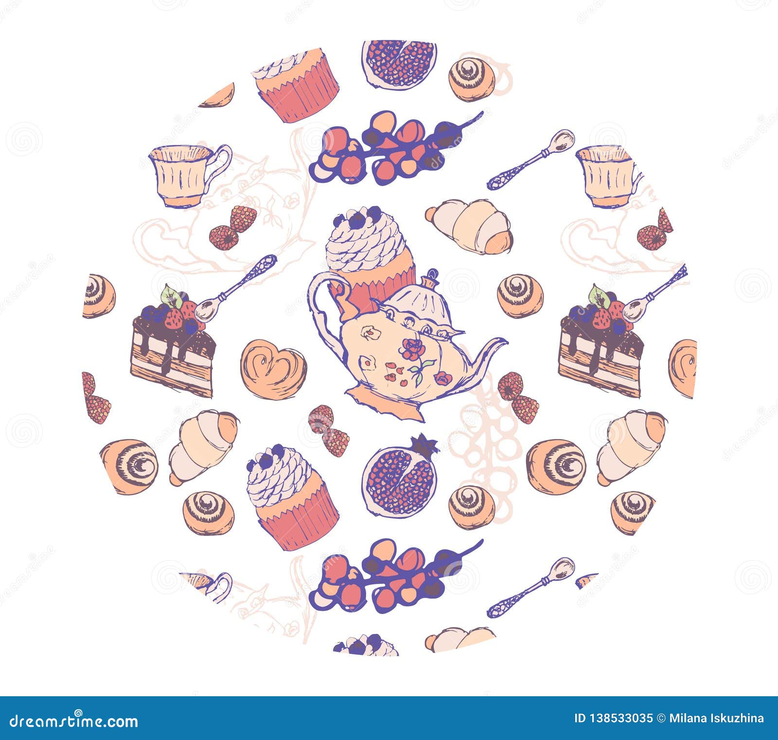 Tea Party Pattern from a Sketch Stock Vector - Illustration of food ...