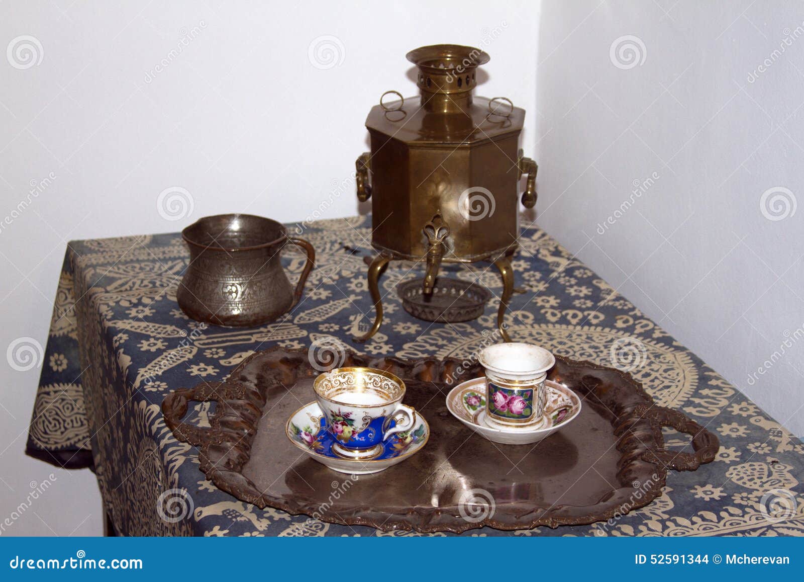 Tea Party With Russian Samovar Tea Set Tableware 19th Century Stock ...