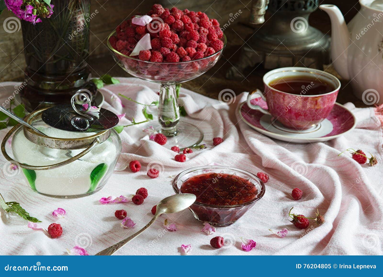 Tea Party with Samovar, Raspberry and Jam in Rustic Style Stock Image ...