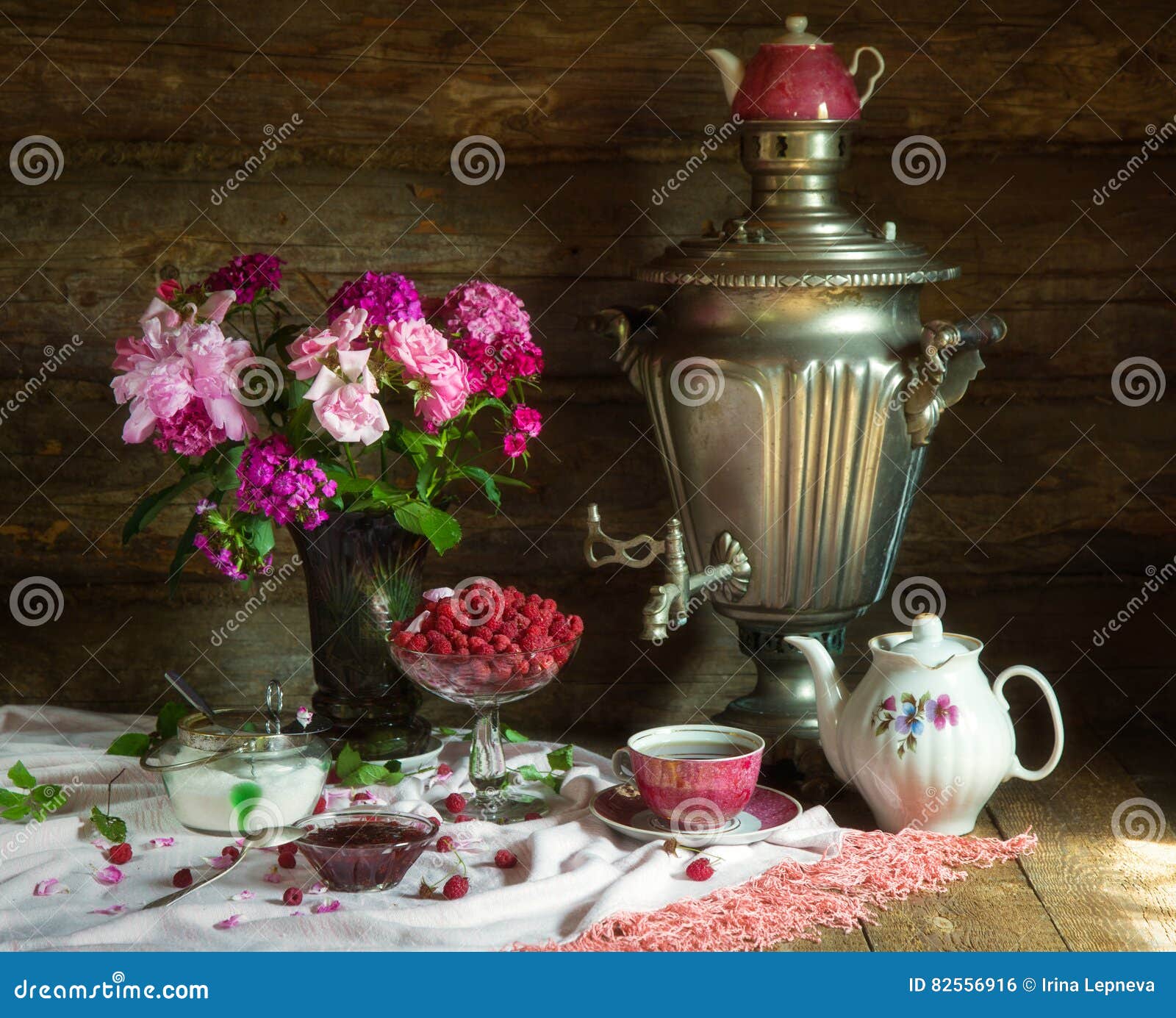 Tea Party with Samovar, Raspberry and Jam in Rustic Style Stock Photo ...