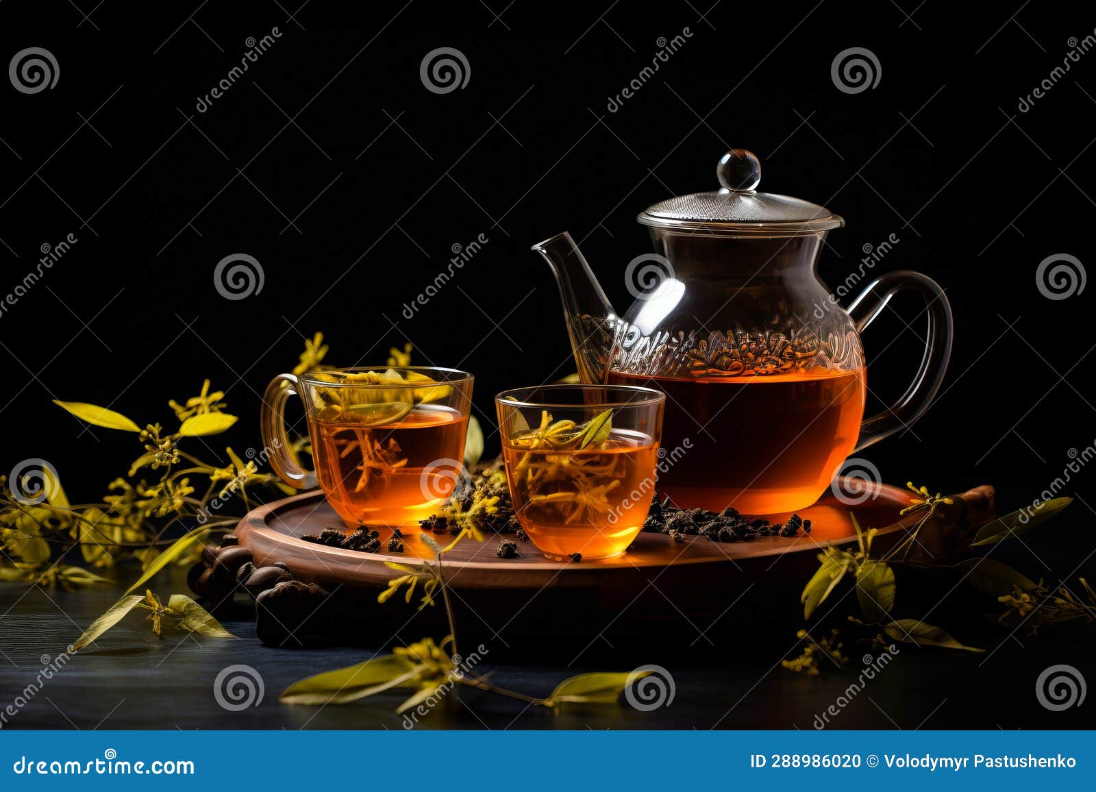 Tea Pot and Two Glasses of Tea on Plate with Flowers. Generative AI ...