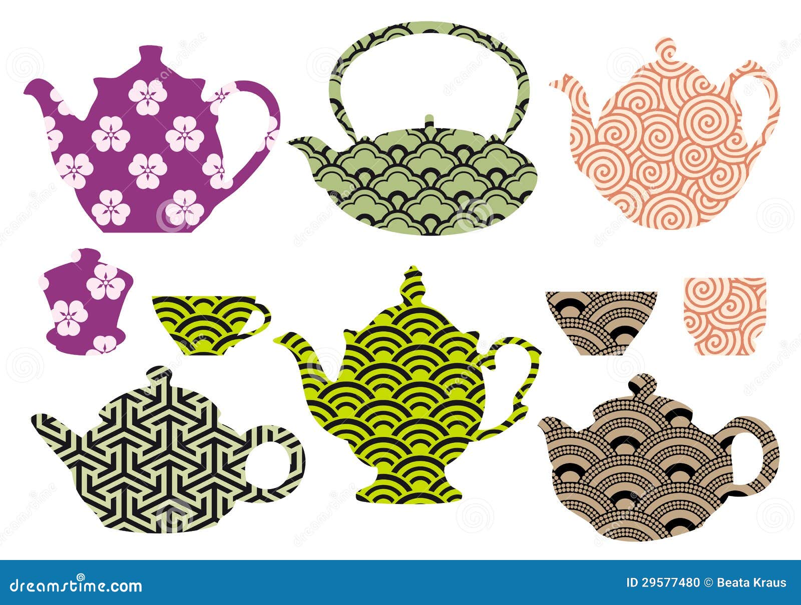 Tea Pots and Cups with Asian Pattern, Vector Stock Vector ...