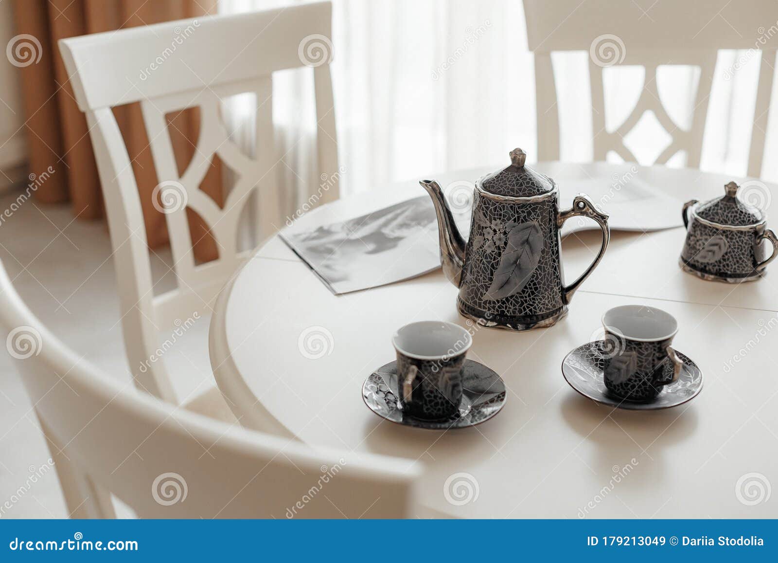 Tea Service at the Round Table, Waiting for Guests Stock Image - Image ...