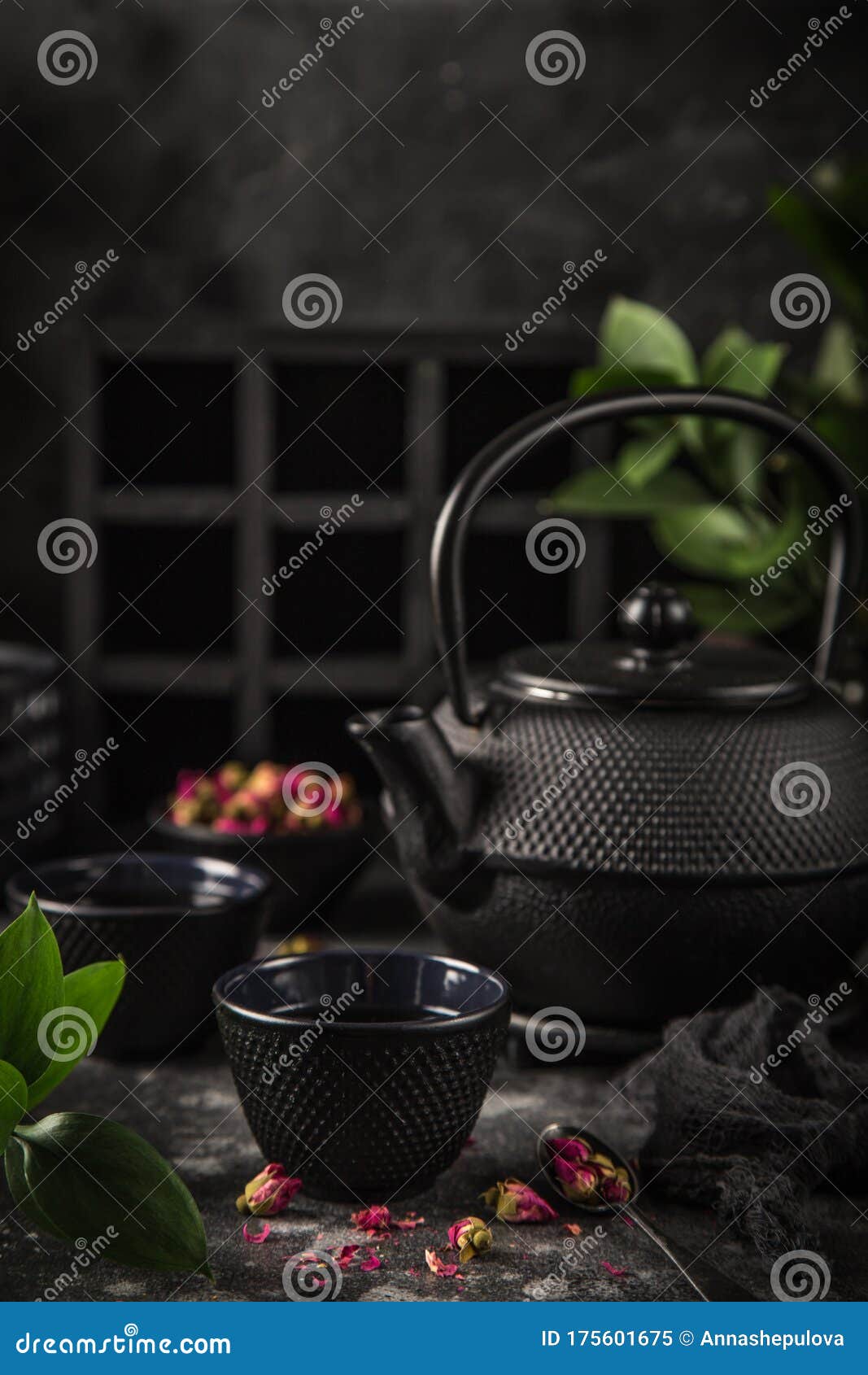 Tea Set. Cast Iron Eastern Tea Pot, Cups and Dry Rose Stock Image ...