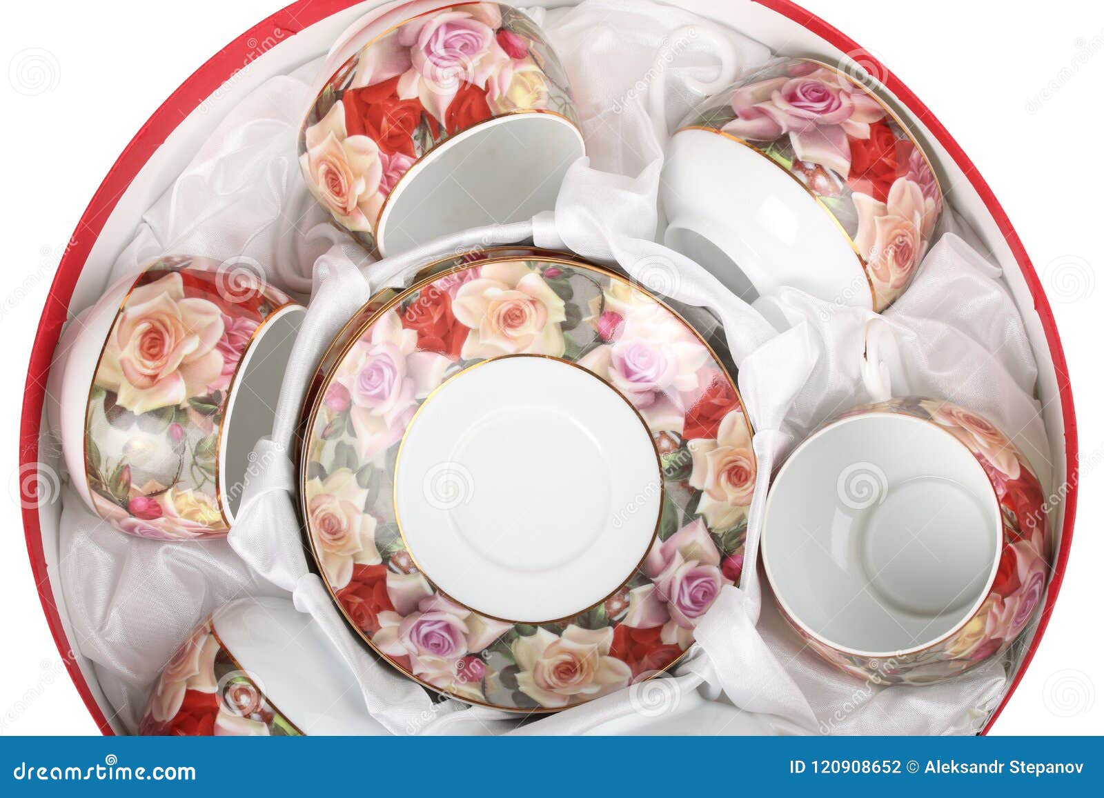 Tea Set with Floral Pattern in a Box with White Cloth Stock Photo ...
