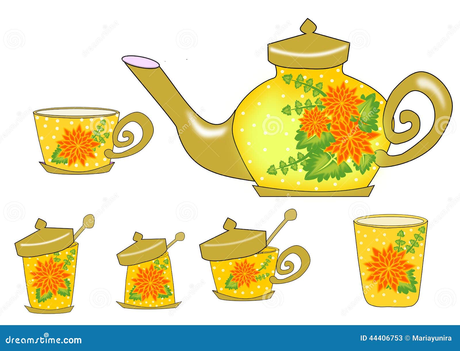 Tea set flower stock illustration. Illustration of collections - 44406753