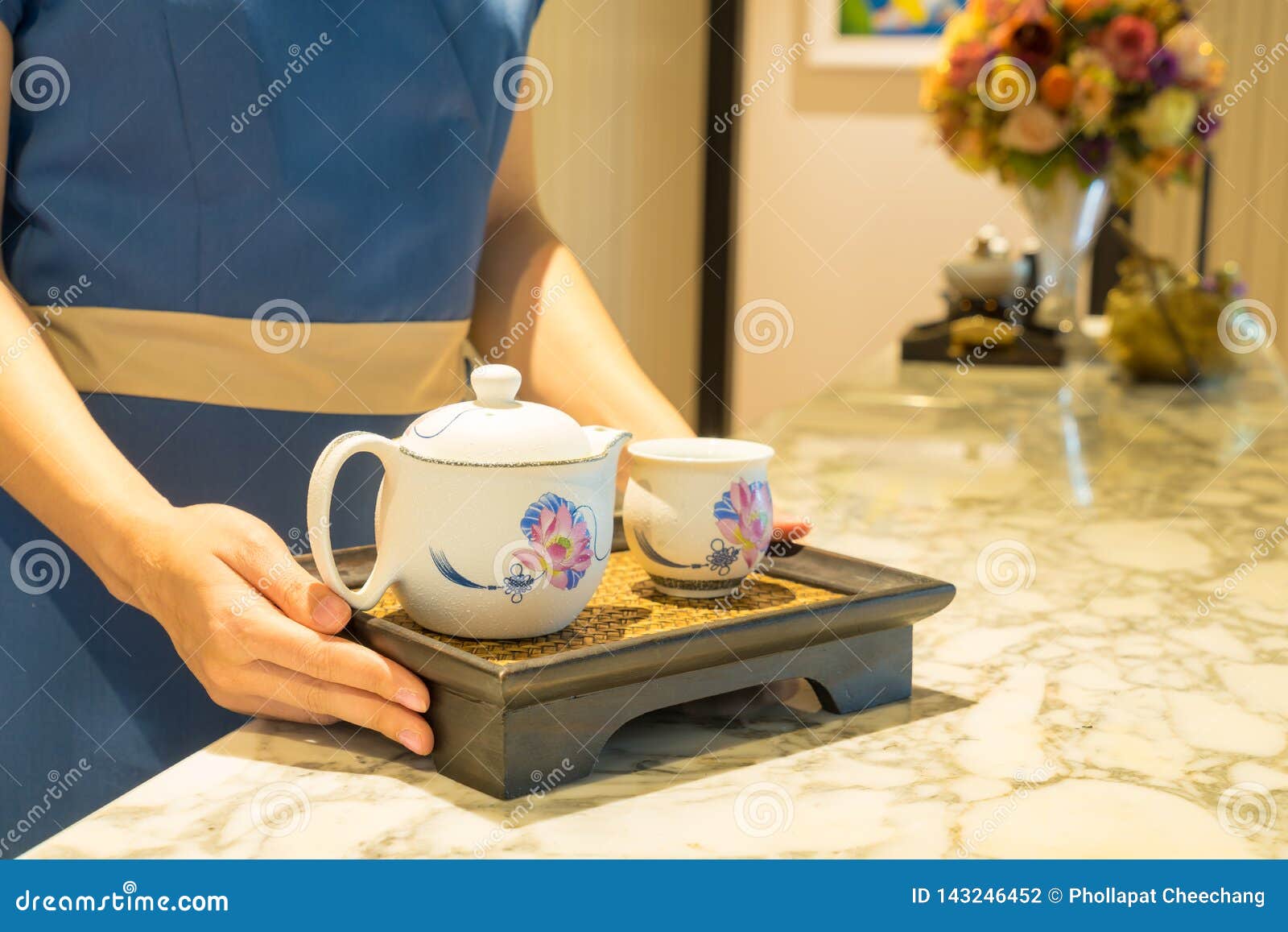 Tea Set in the Hands of the Massager Stock Photo - Image of rest ...