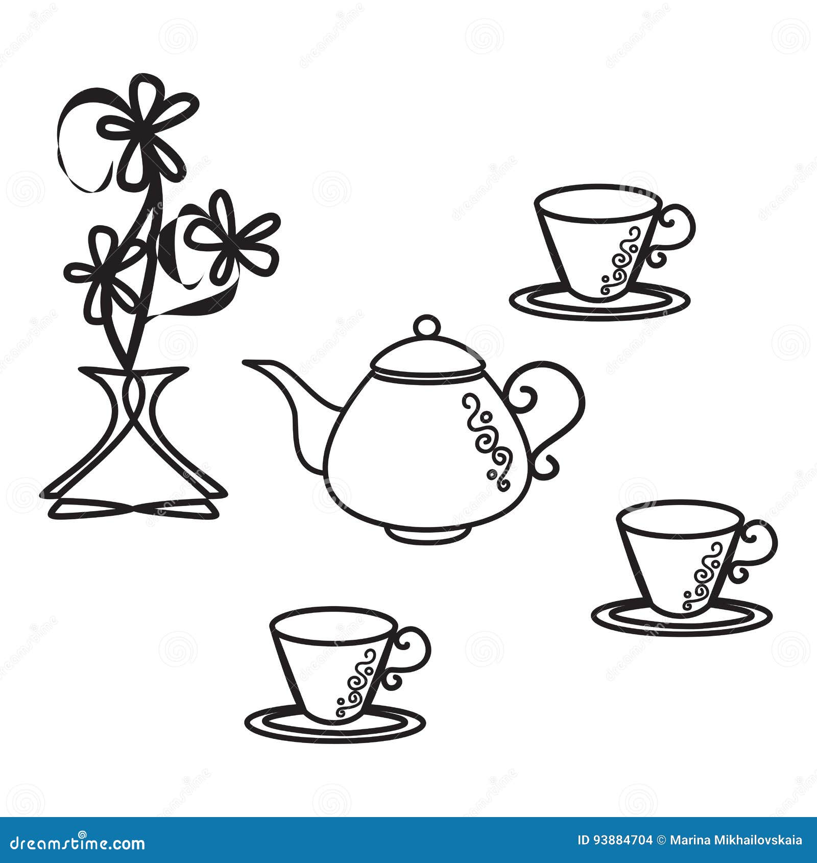 Tea set isolated stock vector. Illustration of black - 93884704