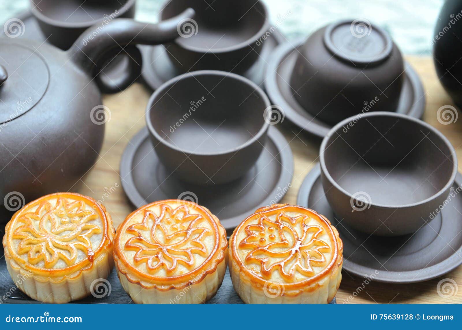Tea set with mooncake stock photo. Image of appetizing - 75639128