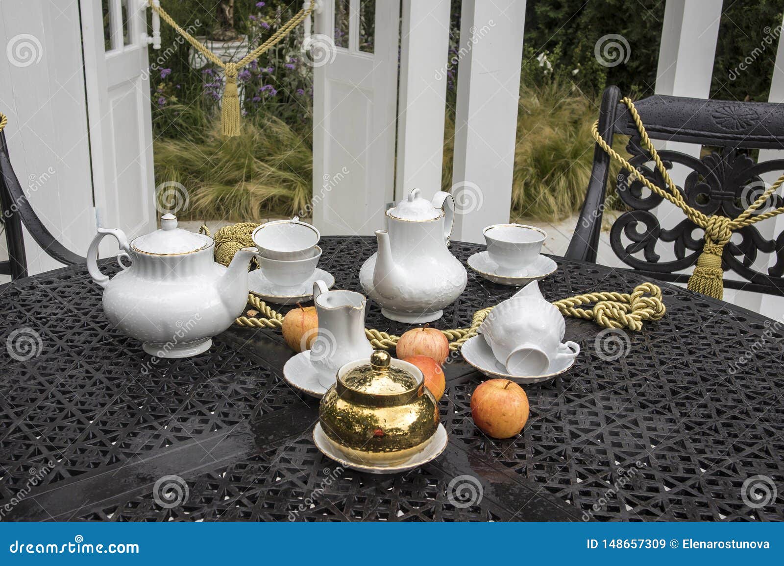 Tea Set on the Table in the Garden. Landscape Design Stock Image ...