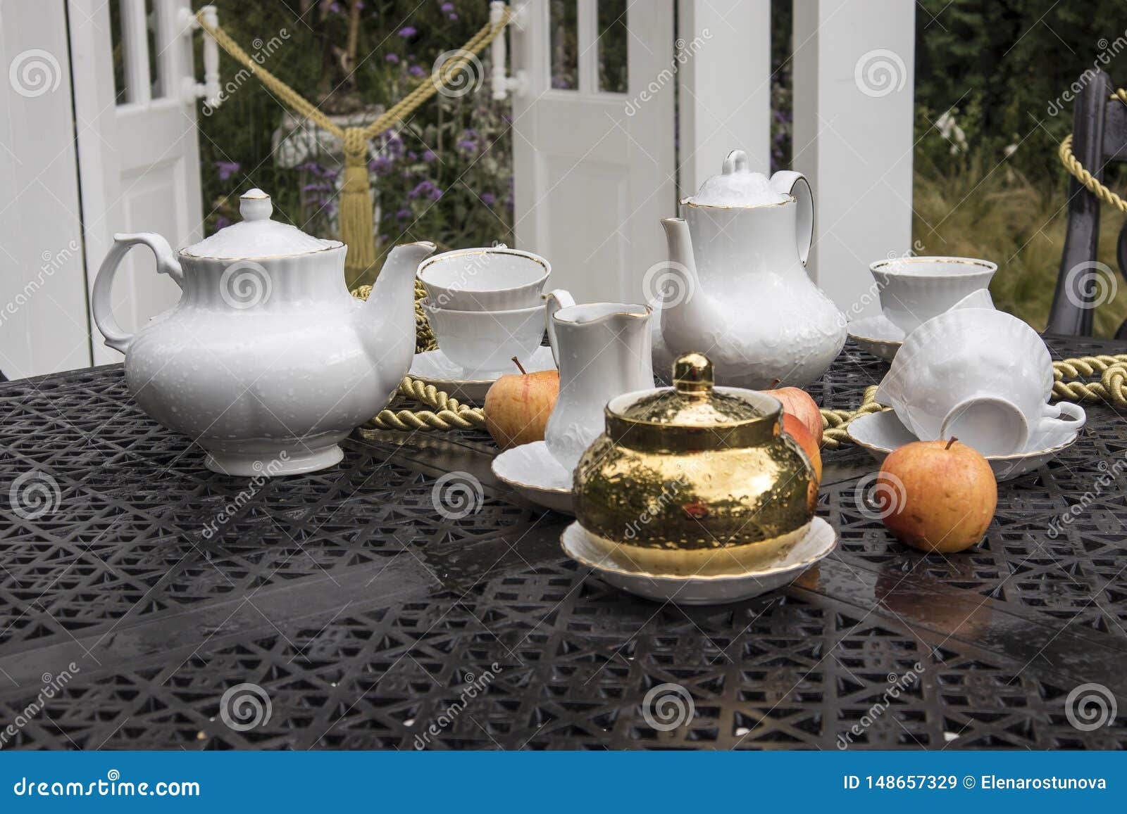 Tea Set on the Table in the Garden. Landscape Design Stock Image ...