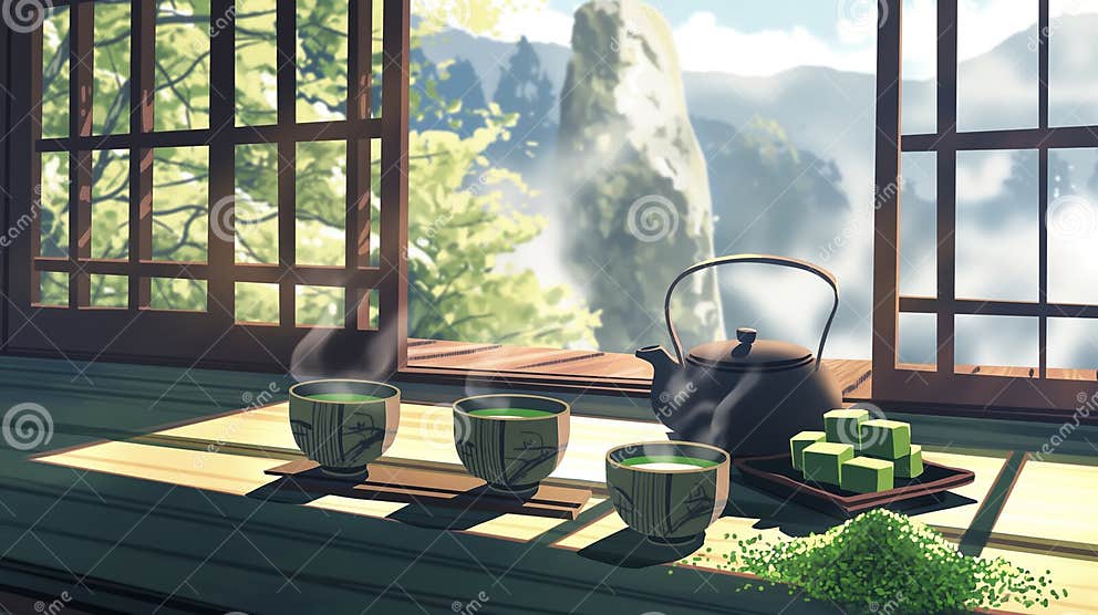 A Tea Set with Three Cups and a Teapot is on a Table in Front of a ...