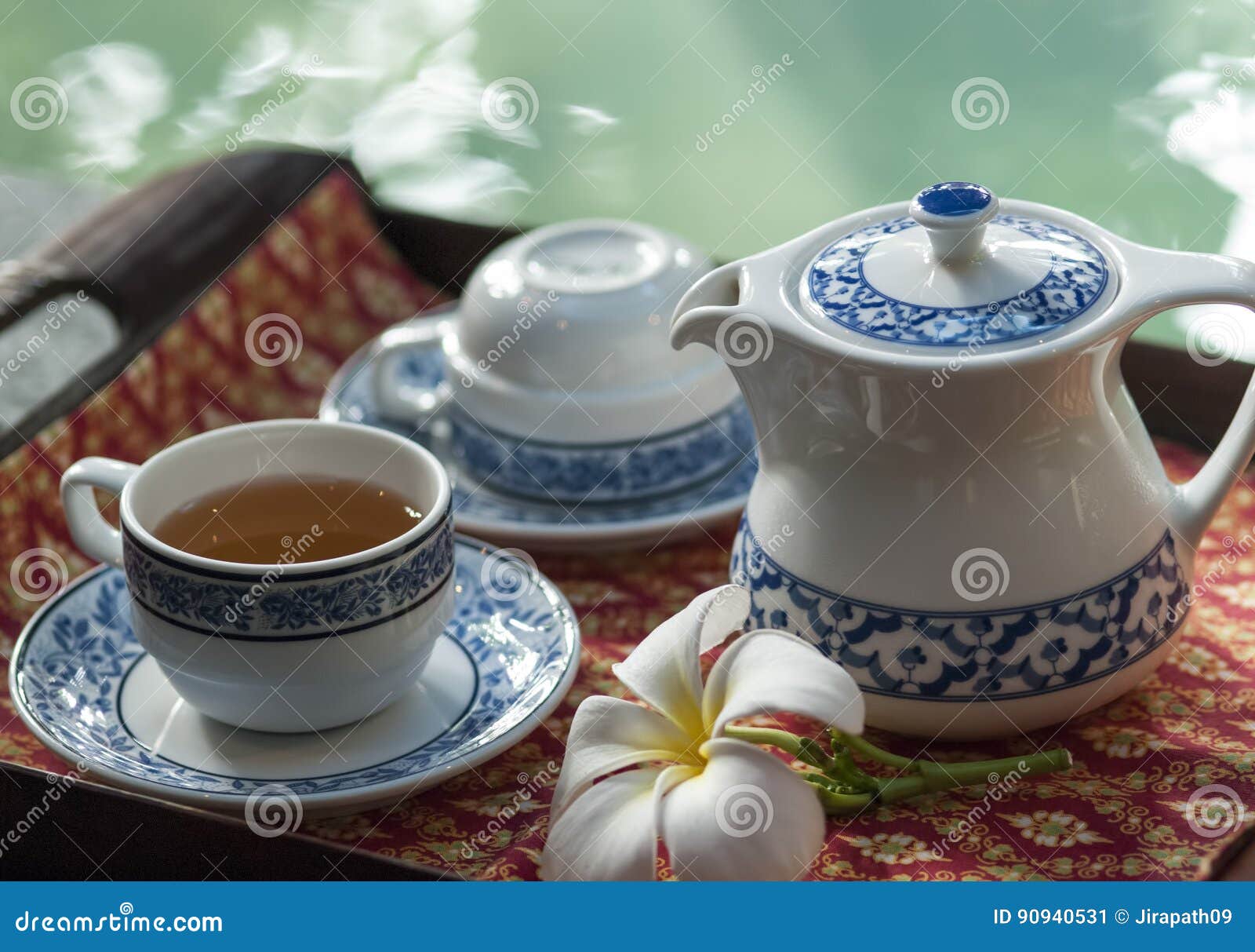 Tea set in tray stock image. Image of blossom, decoration - 90940531