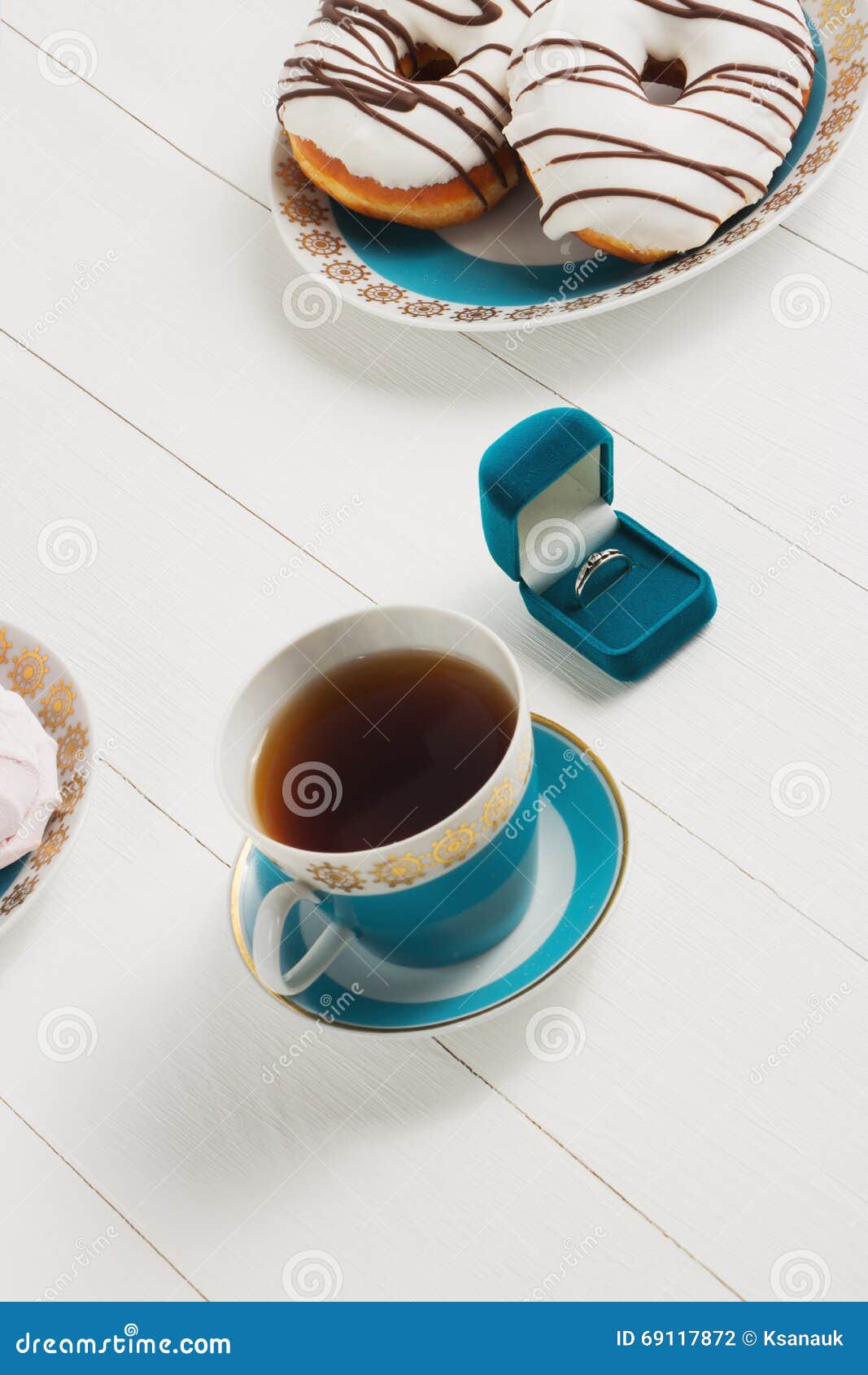 Tea with Sweets on a White Background Whith Ring. an Offer of Marriage ...