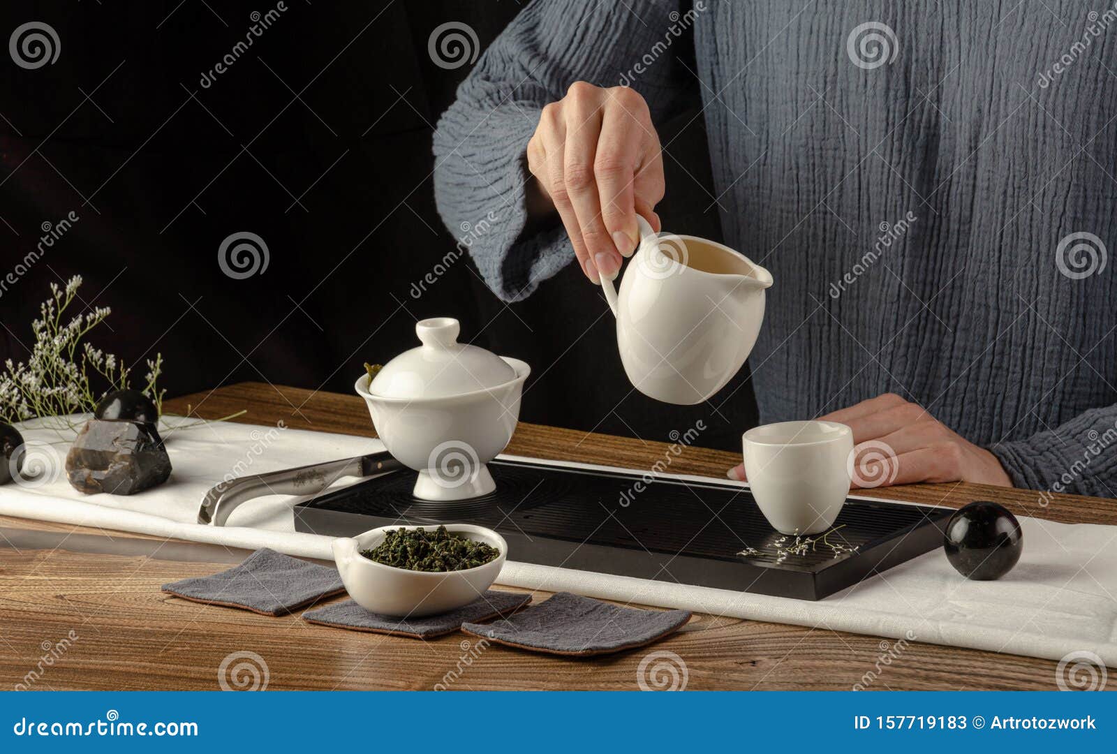 Tea Table with Instruments Teapots Cups Pancake and Tea Shen Puer Stock ...