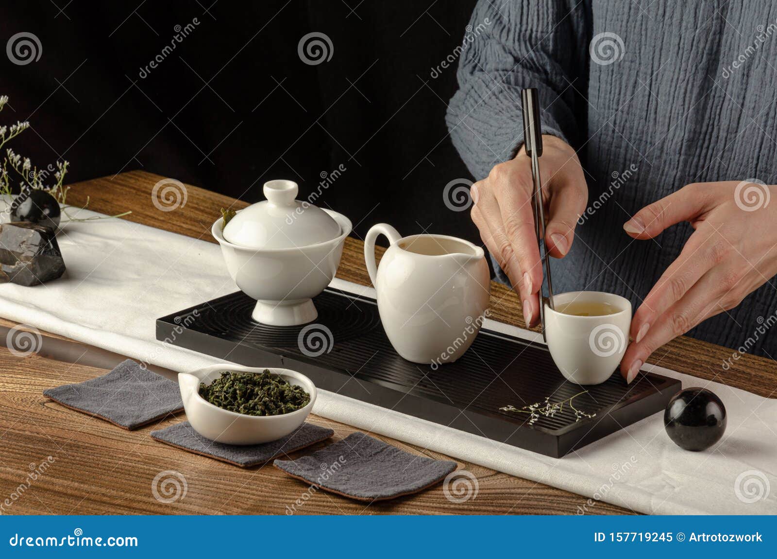 Tea Table with Instruments Teapots Cups Pancake and Tea Shen Puer Stock ...