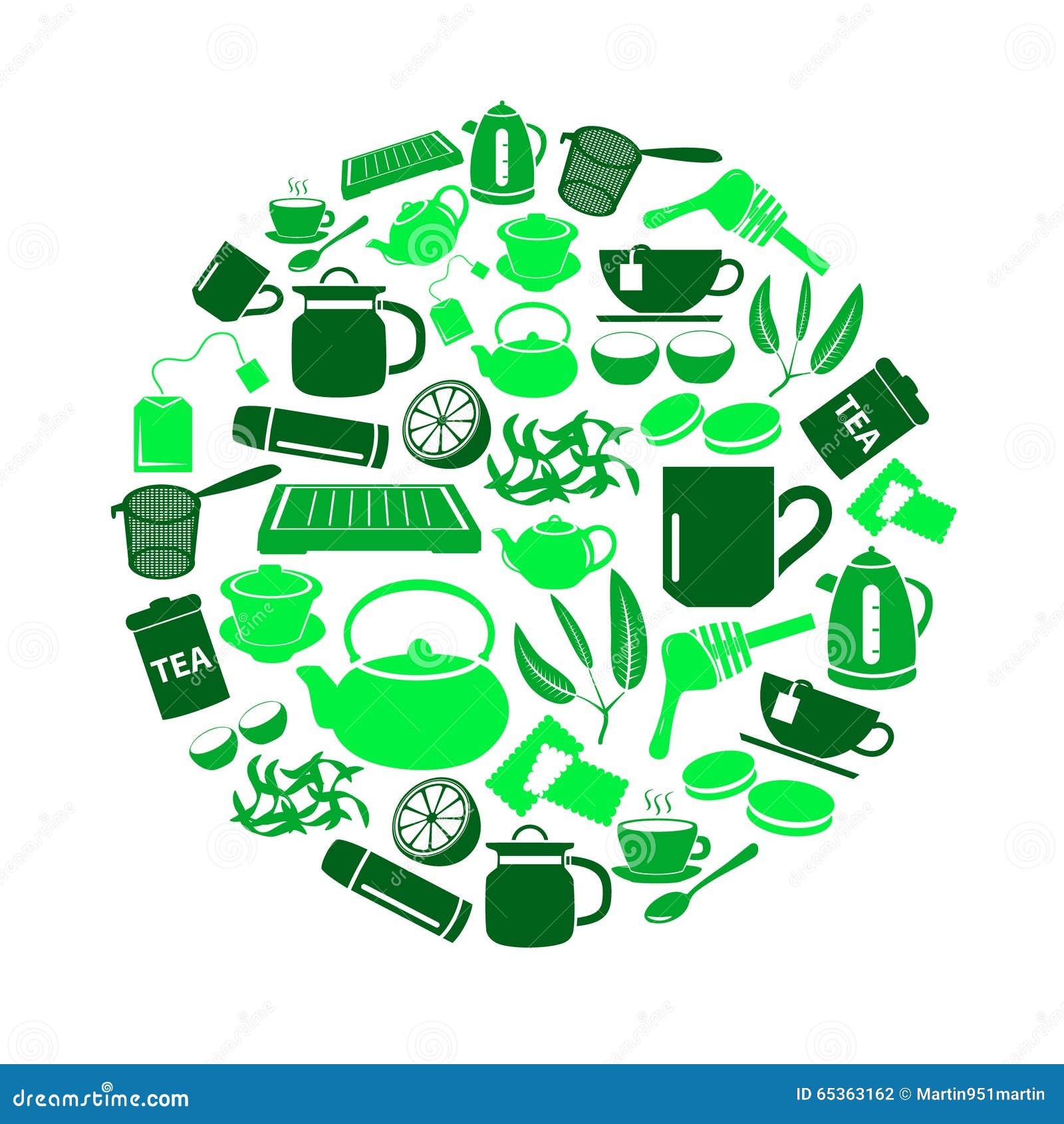 Tea Theme Green Simple Icons Set in Circle Stock Vector - Illustration ...
