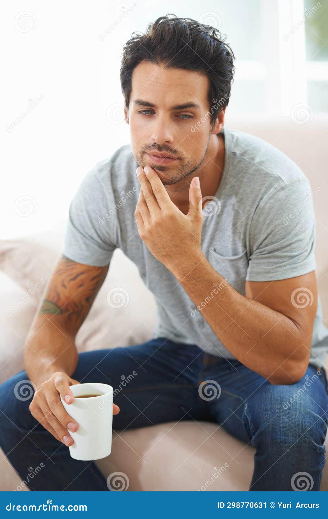 Tea, Thinking and Home Man Relax, Planning or Brainstorming Ideas ...