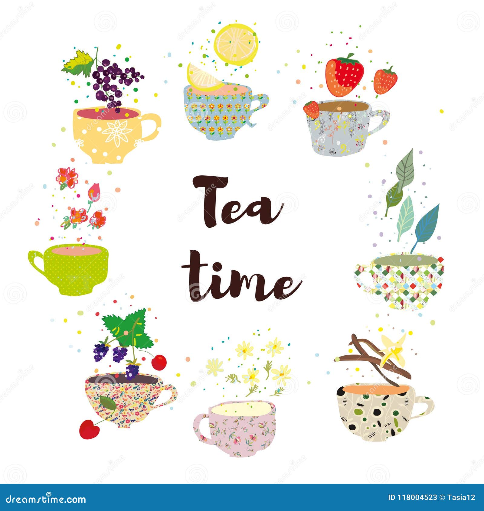 Tea Time Background with Cups and Different Sorts of Tea, Graphic ...