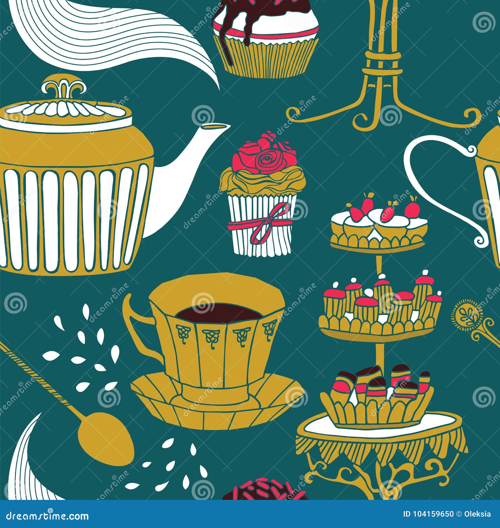 Tea Time Background. Cakes. Stock Illustration - Illustration of leaves ...