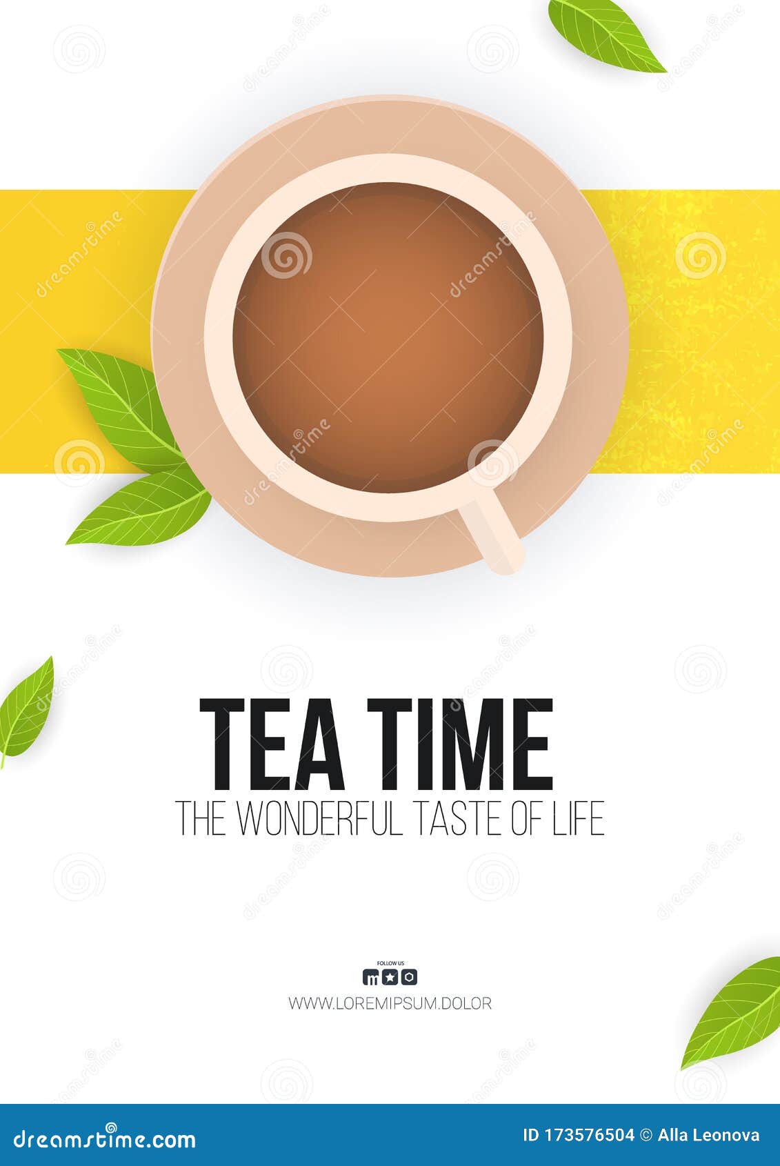 Tea Time Banner on White Background with Tea Leaves and Cup. Stock ...
