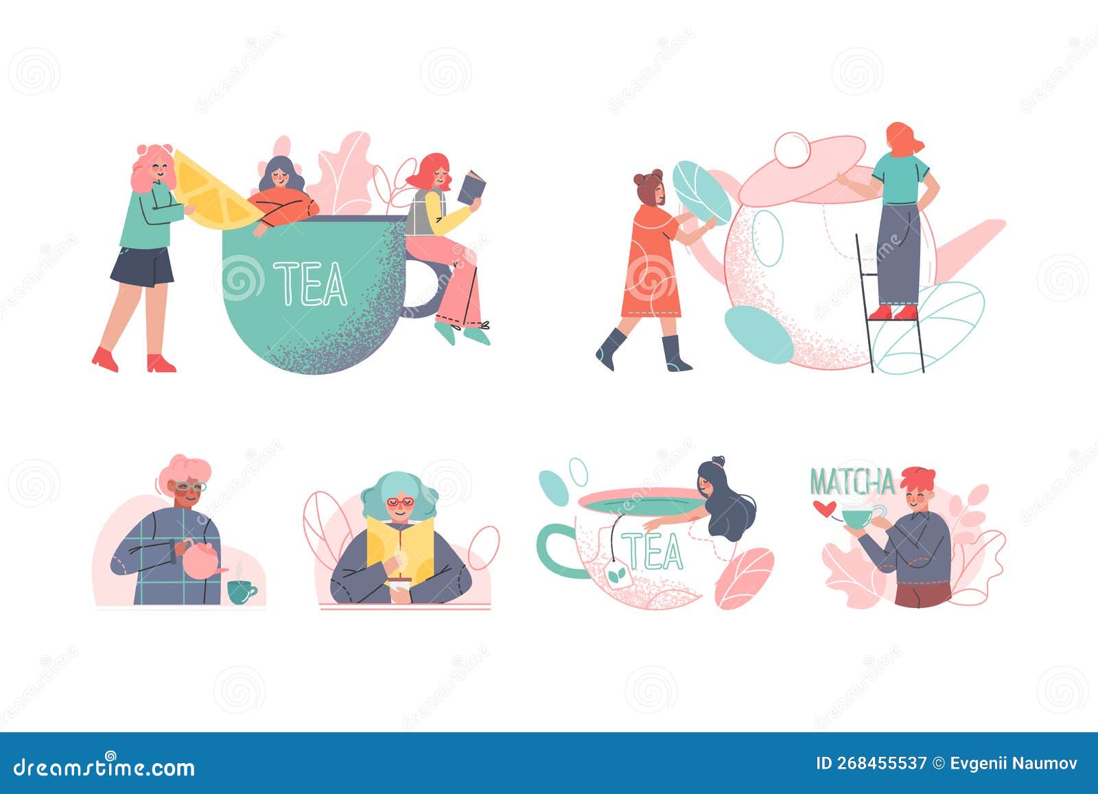 Tea Time Break with Tiny People Character Enjoying Hot Drink in Cup ...