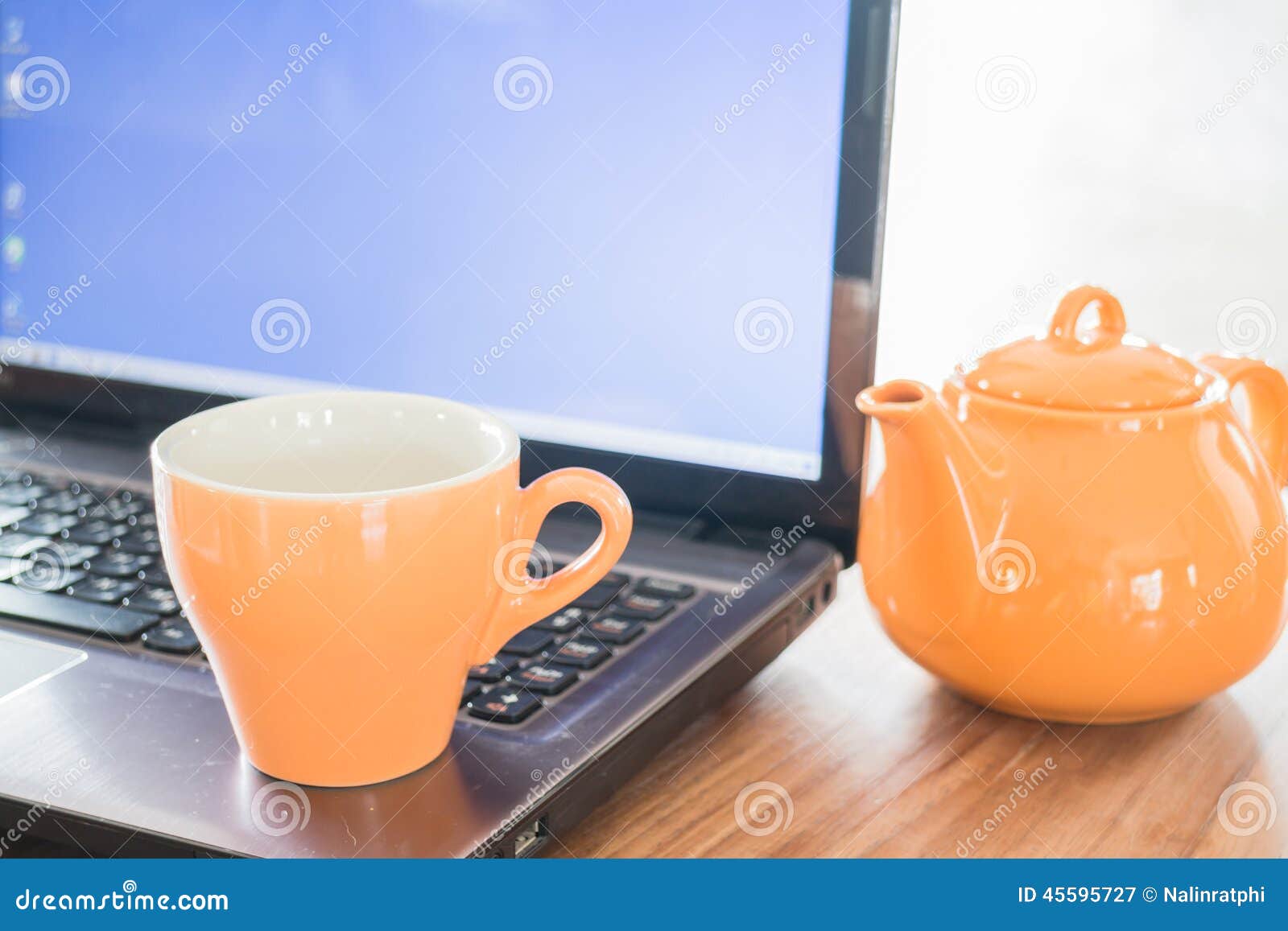 Tea Time Break on Work Table Stock Image - Image of coffee, computer ...