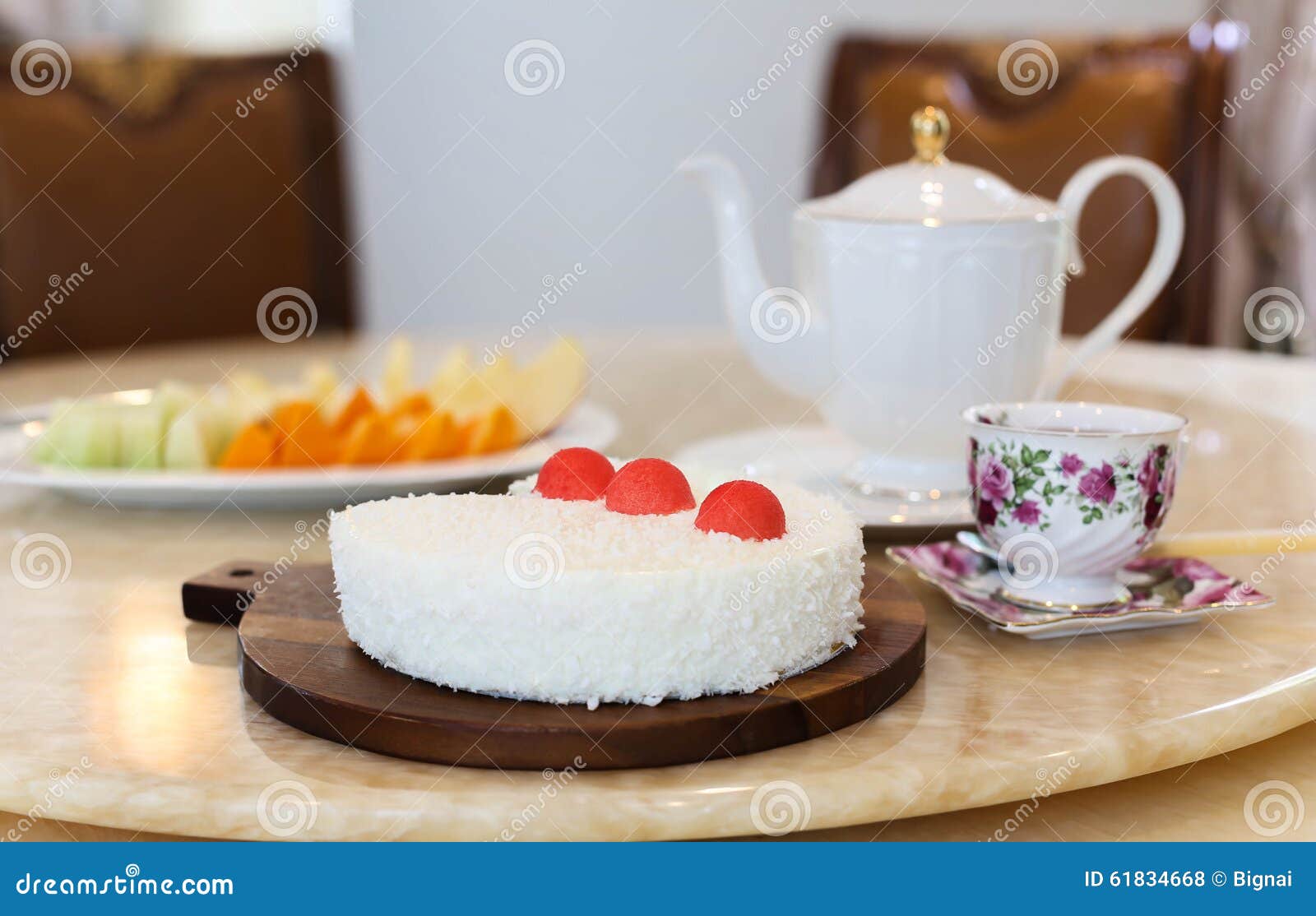 Tea Time with Chocolate Cake and Fresh Fruit Stock Photo - Image of ...