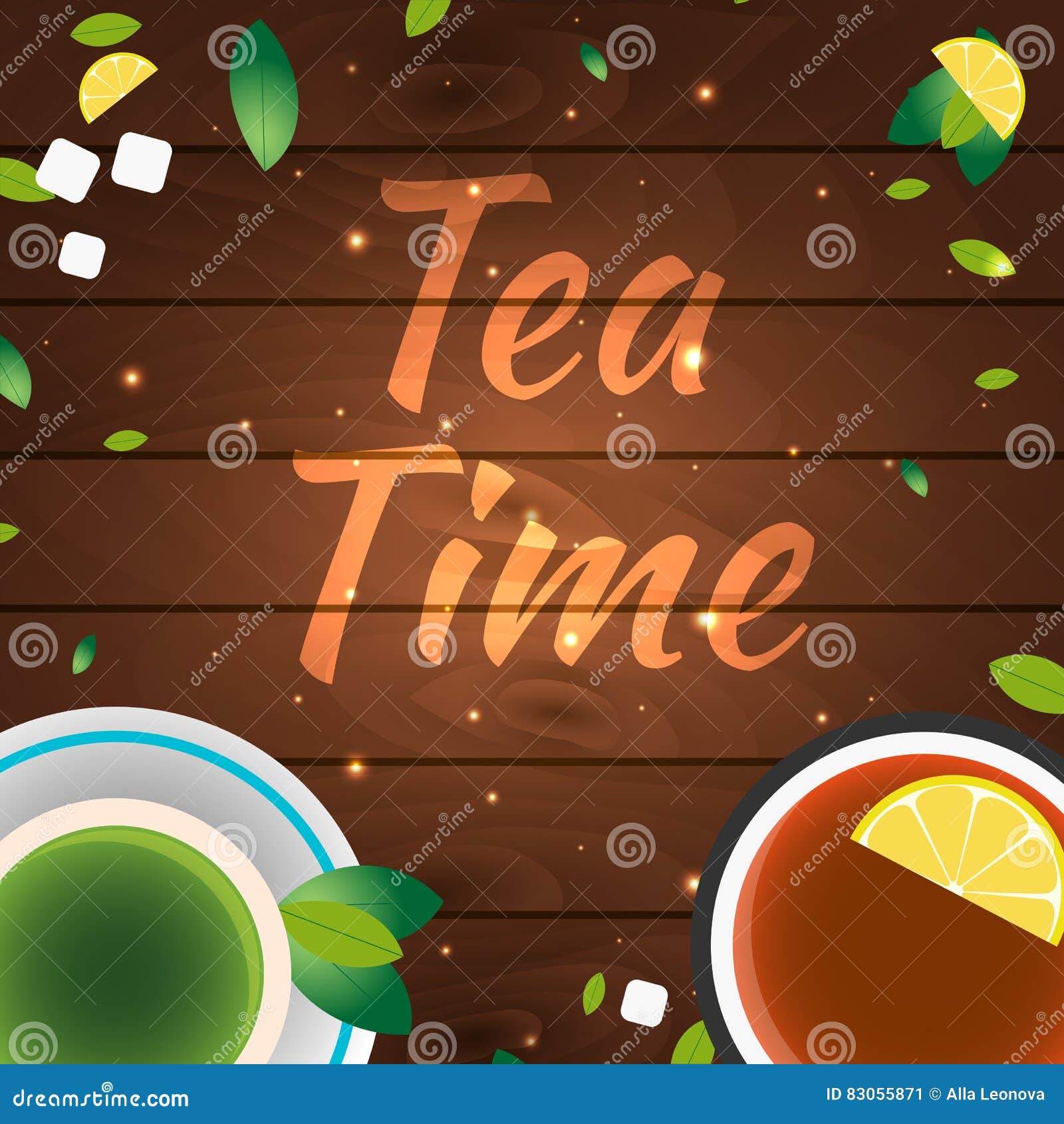 Tea Time. Cup of Tea with Lemon. Wooden Background. Vector Illustration ...