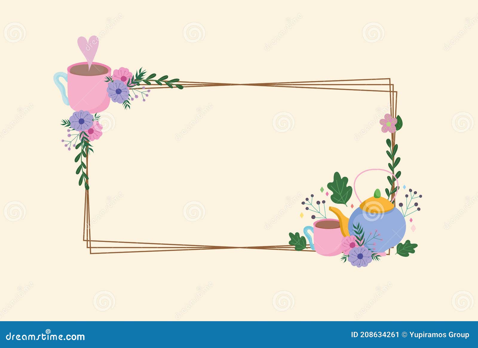 Tea Time, Delicate Frame with Kettle Cups Flowers Decoration Leaves ...