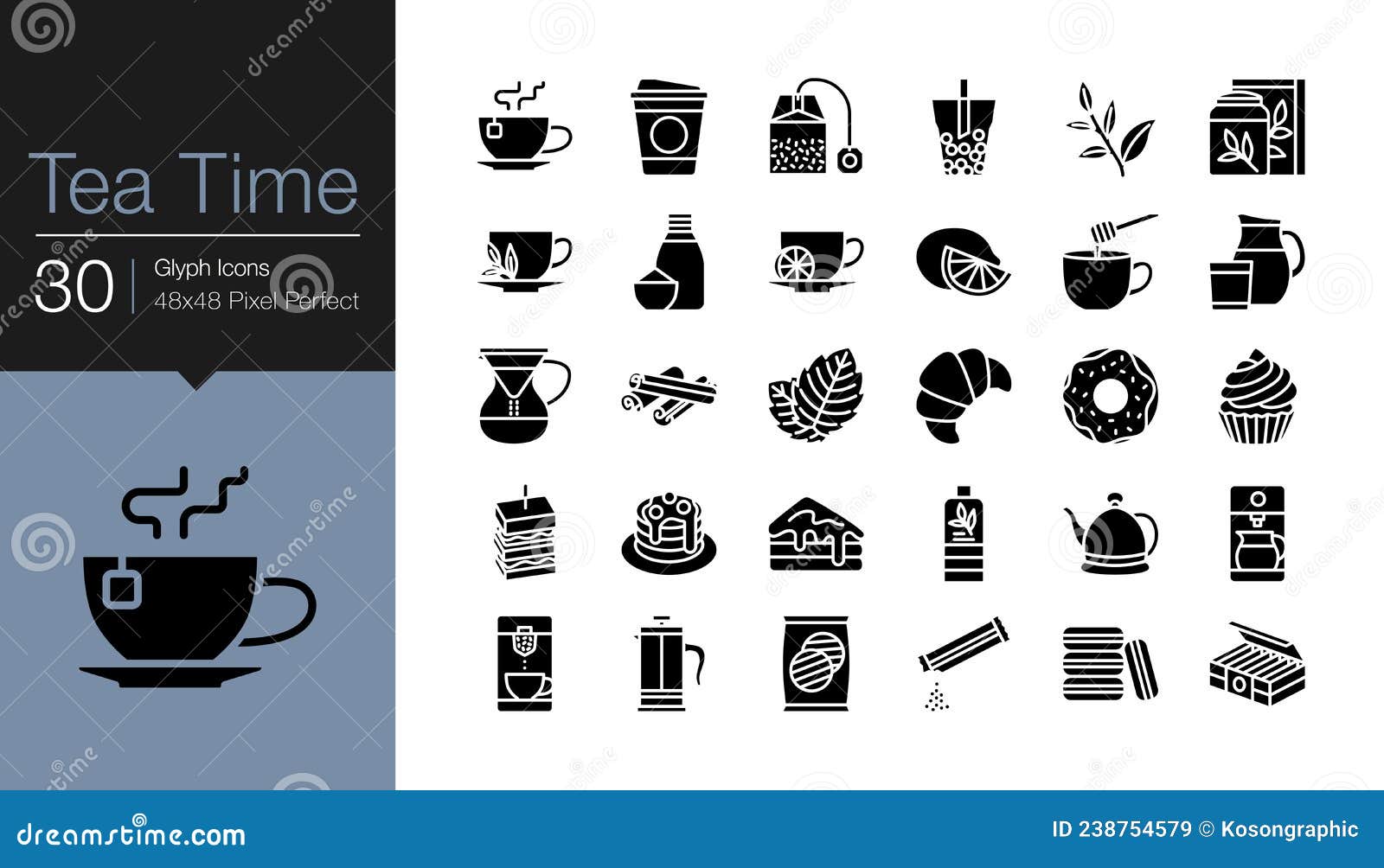 Tea Time Icons. Glyph Design Stock Vector - Illustration of bakery ...