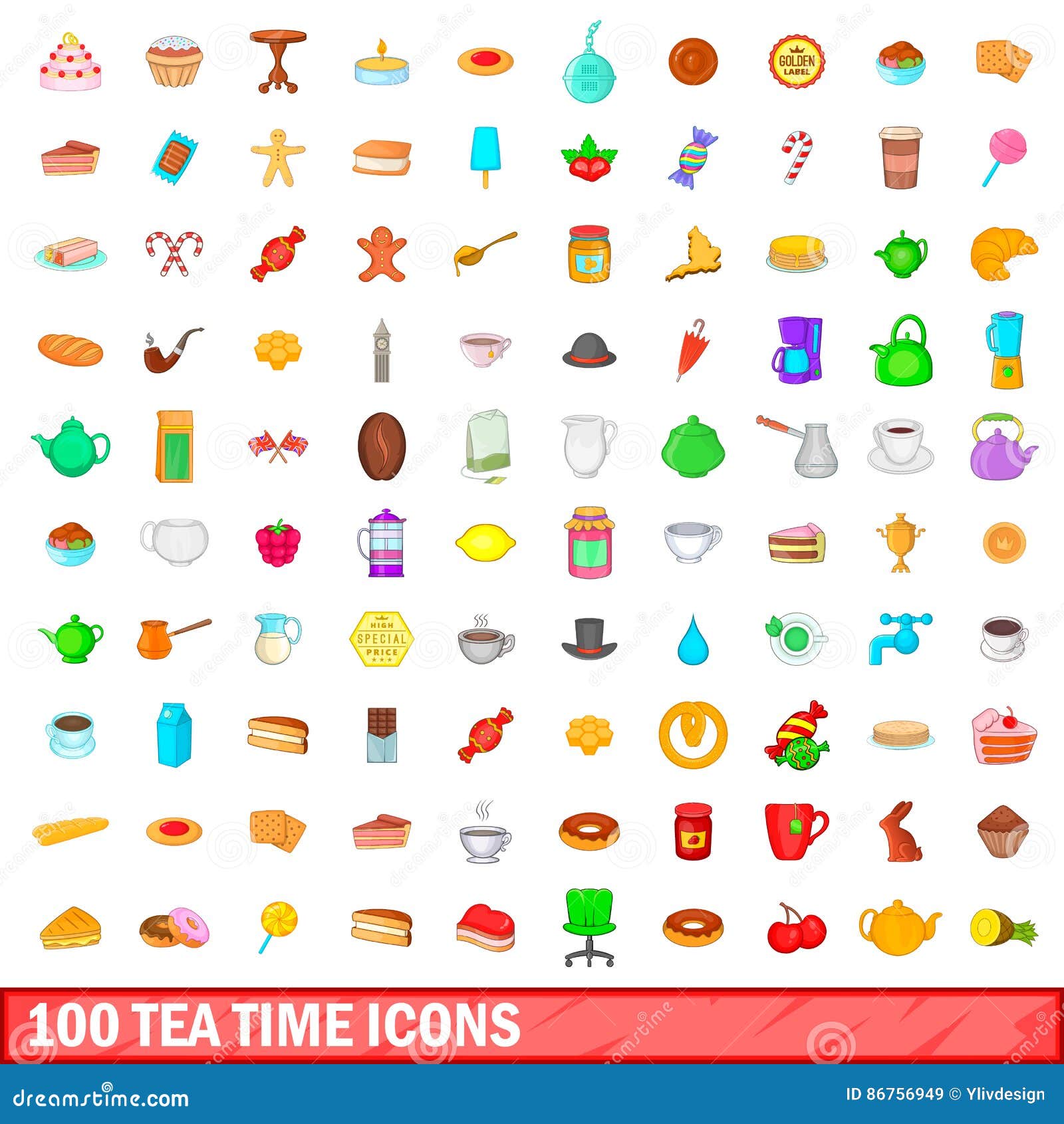 100 Tea Time Icons Set, Cartoon Style Stock Vector - Illustration of ...