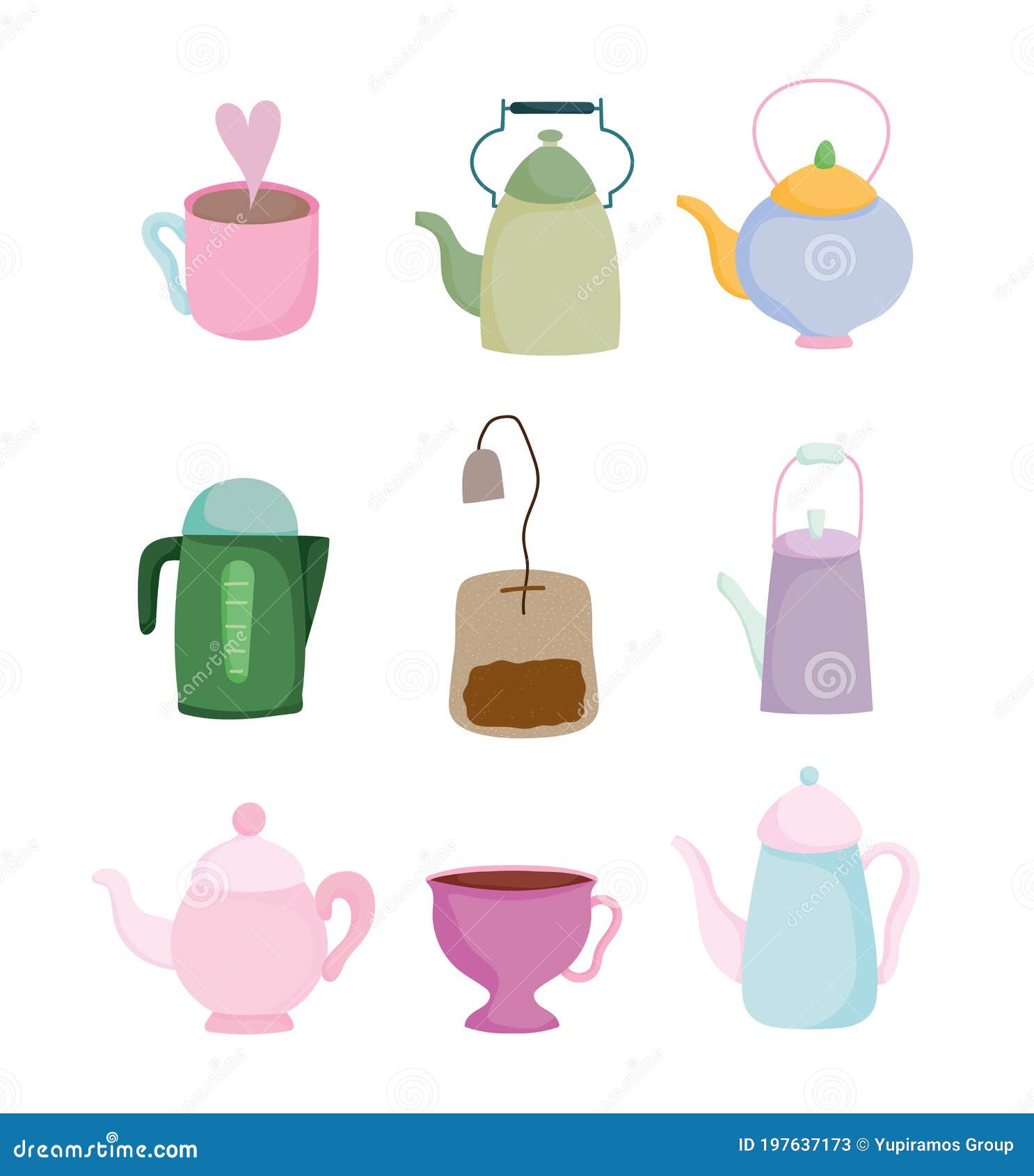 Tea Time Kitchen Ceramic Drinkware, Teabag, Cups and Kettle Cartoon ...