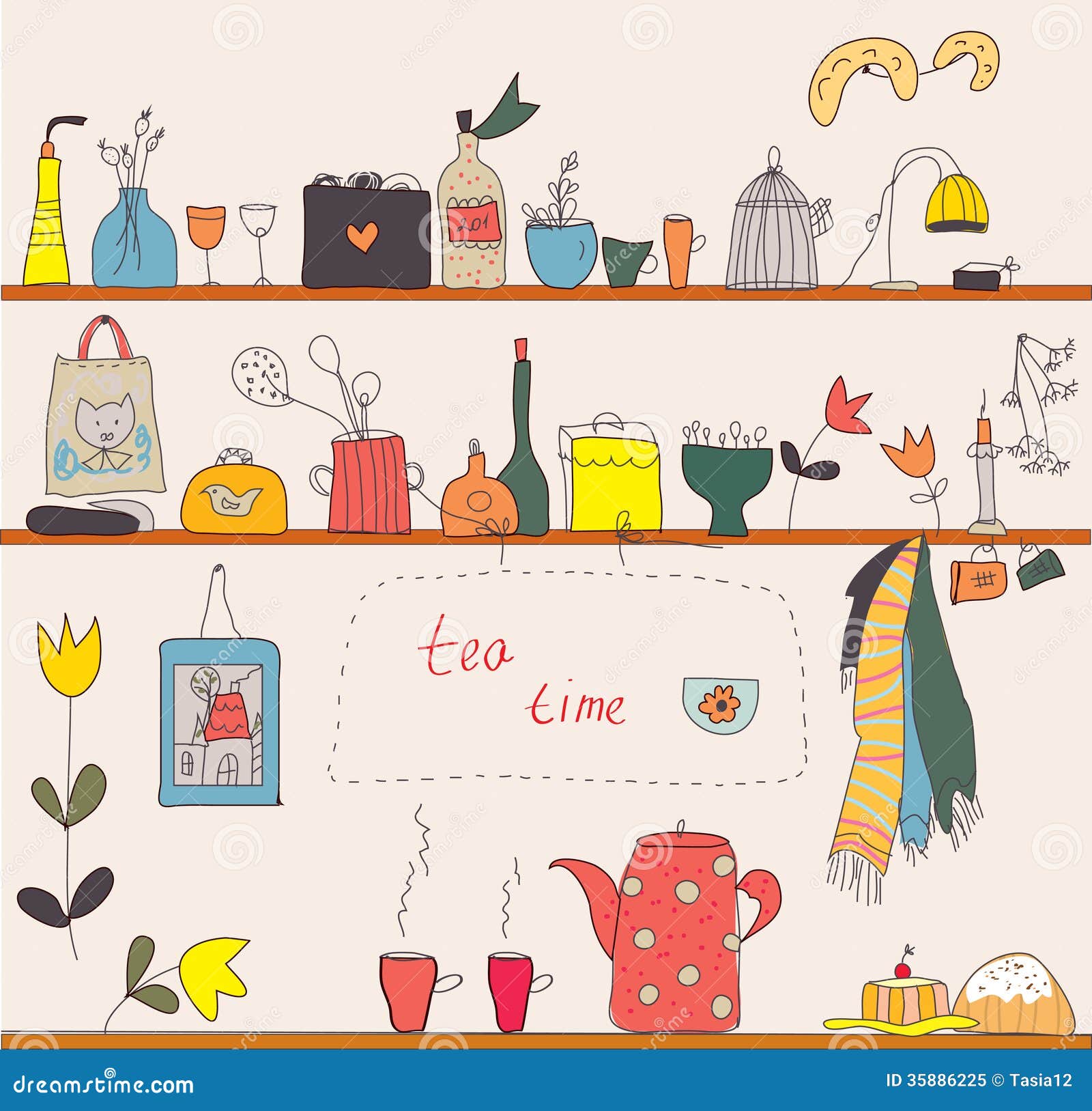 Tea Time at the Kitchen Shelves Stock Vector - Illustration of ...