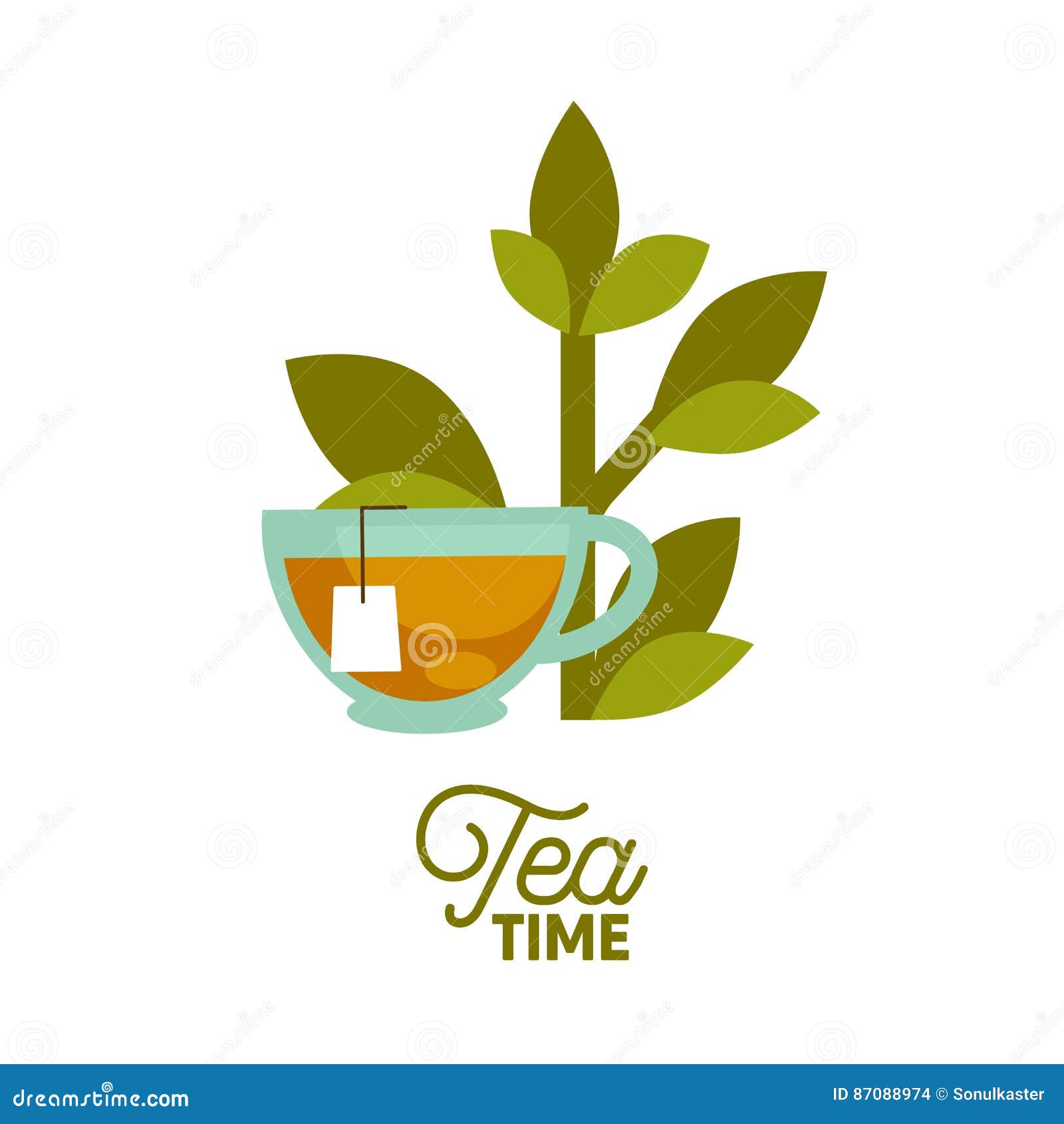 Tea Time Poster of Cup, Green Leaf and Teabag Stock Vector ...