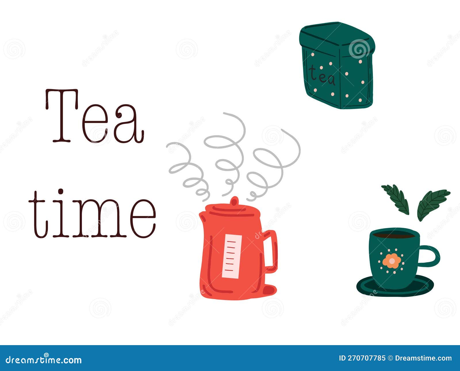 Tea Time Poster with Kettle and Green Mug Stock Vector - Illustration ...