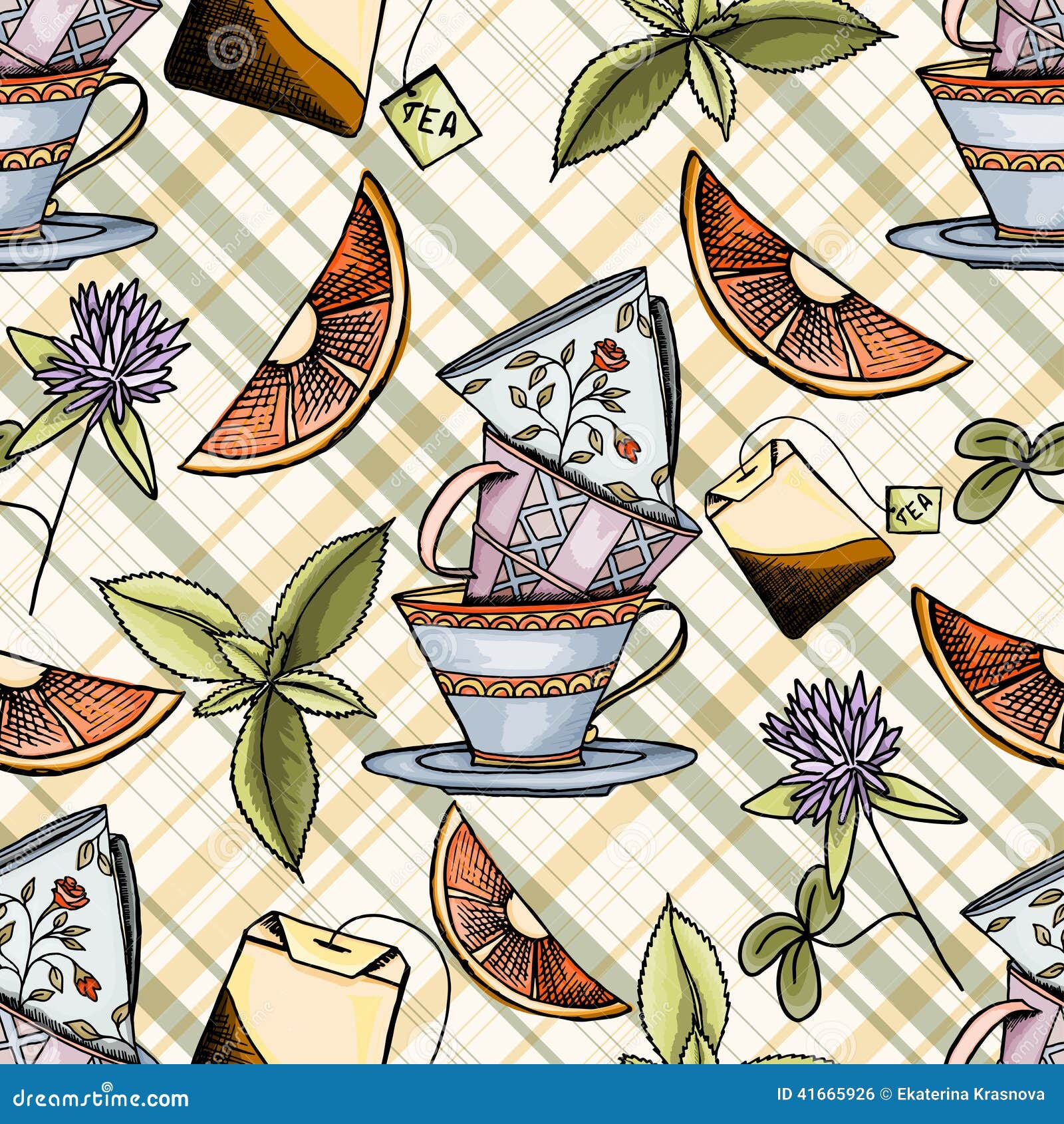 Tea time seamless pattern stock vector. Illustration of fruit - 41665926