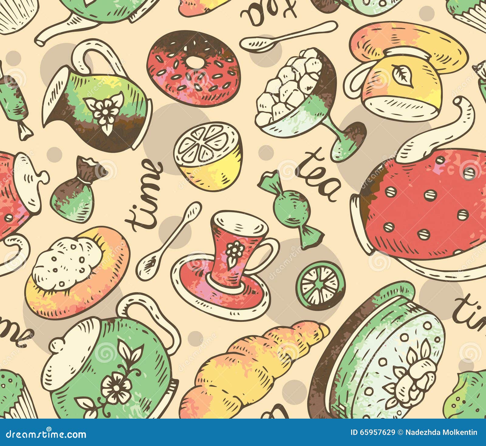 Tea Time Seamless Pattern with Doodle Elements and Watercolor Te Stock ...