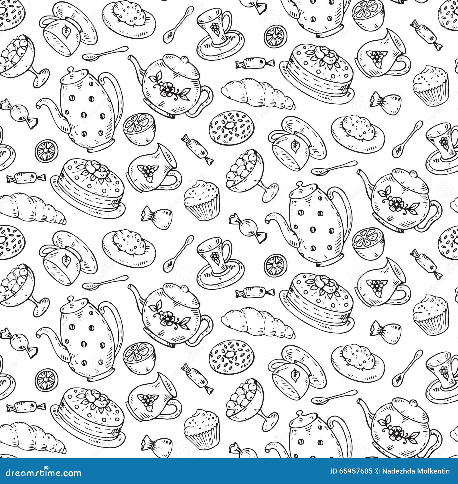 Tea Time Seamless Pattern with Hand Drawn Doodle Elements. Stock Vector ...