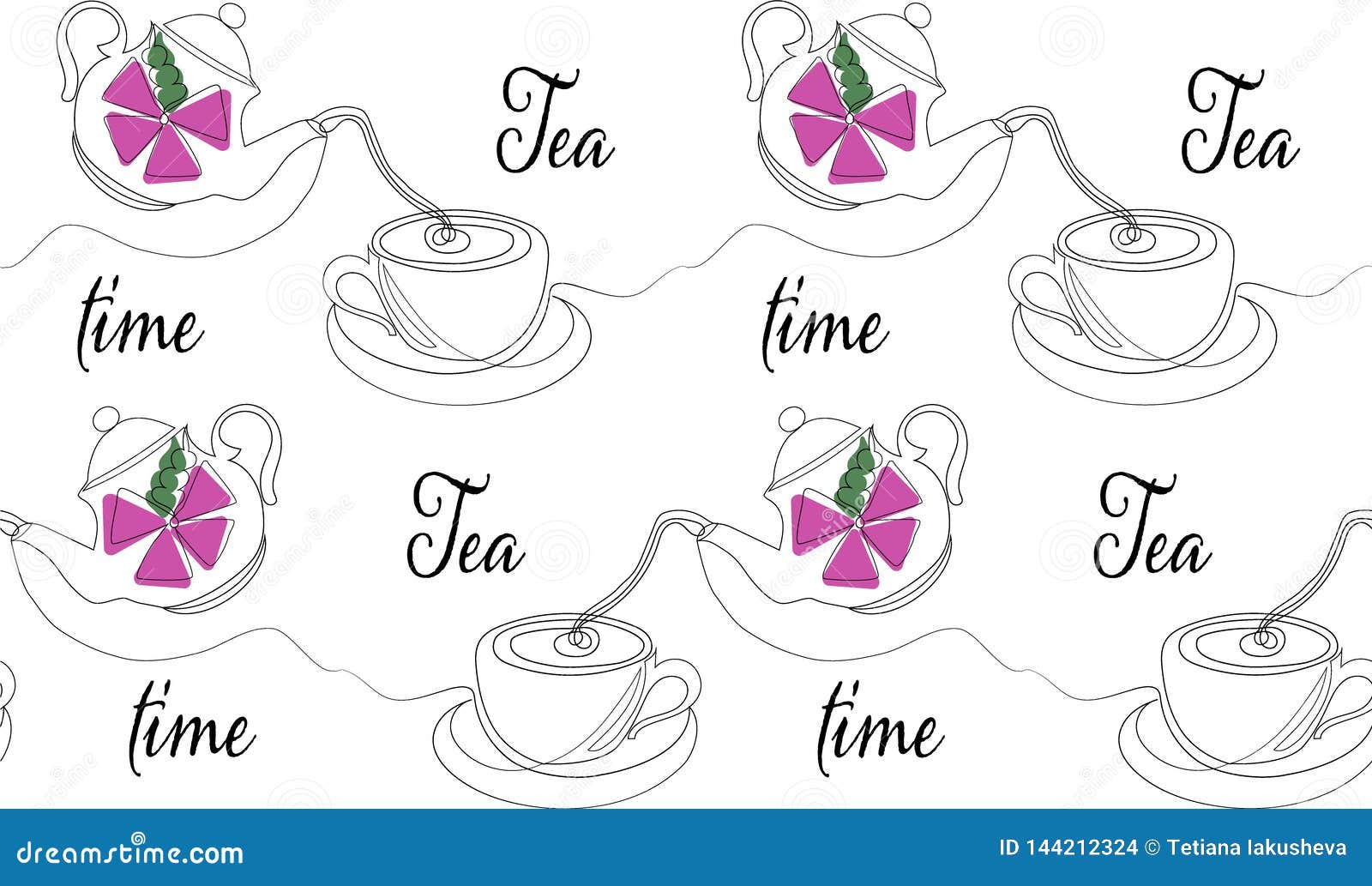 Tea Time Seamless Pattern One Line Style. Vector Illustration Stock ...