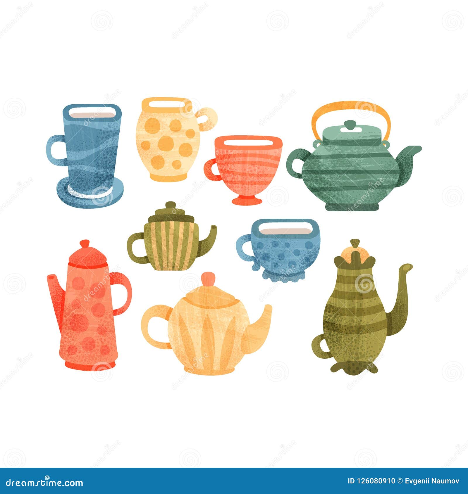 Tea Time Set, Collection of Cups, Mugs, Coffee and Teapots Vector ...