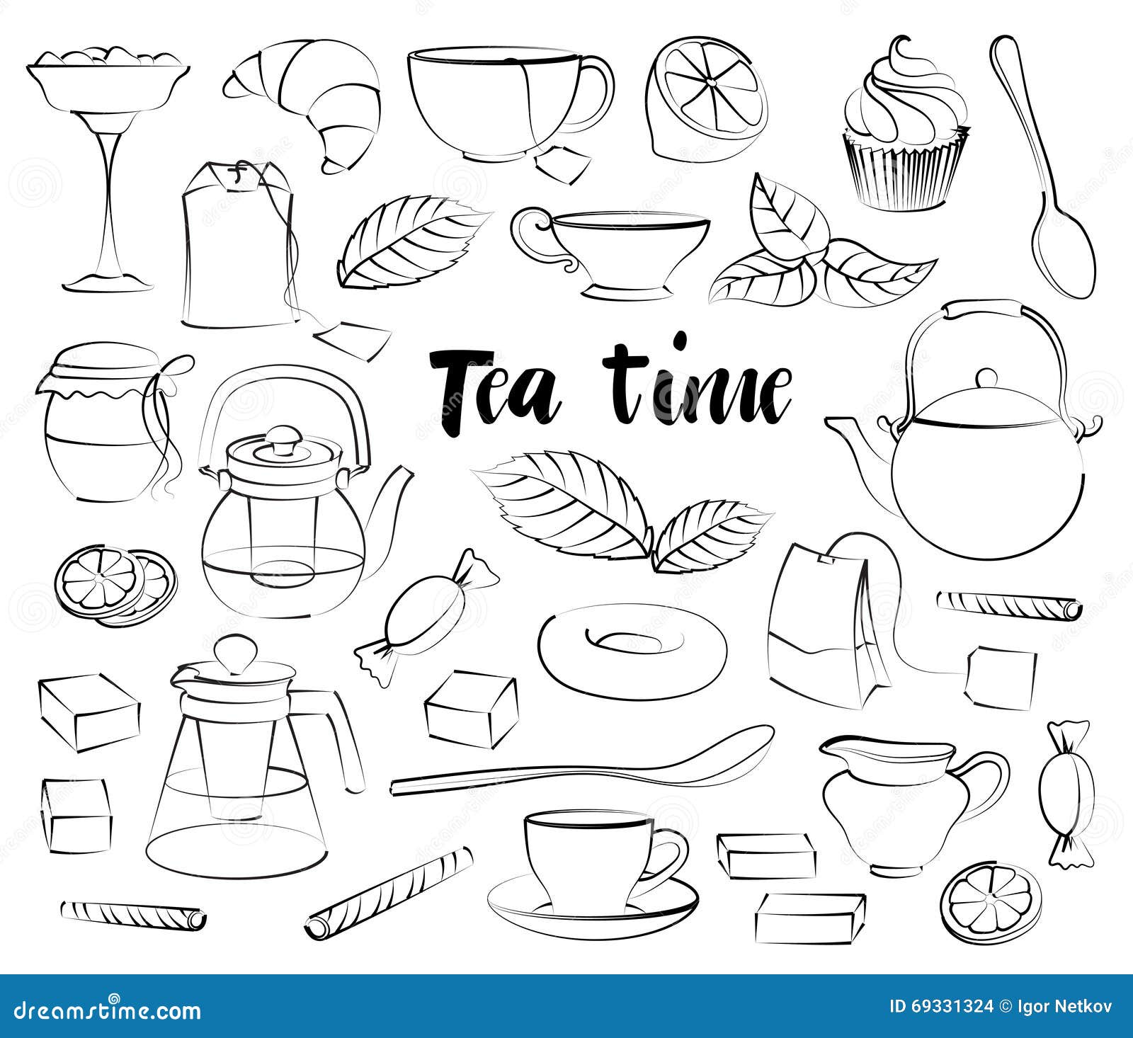 Tea Time Set stock vector. Illustration of leafs, cake - 69331324