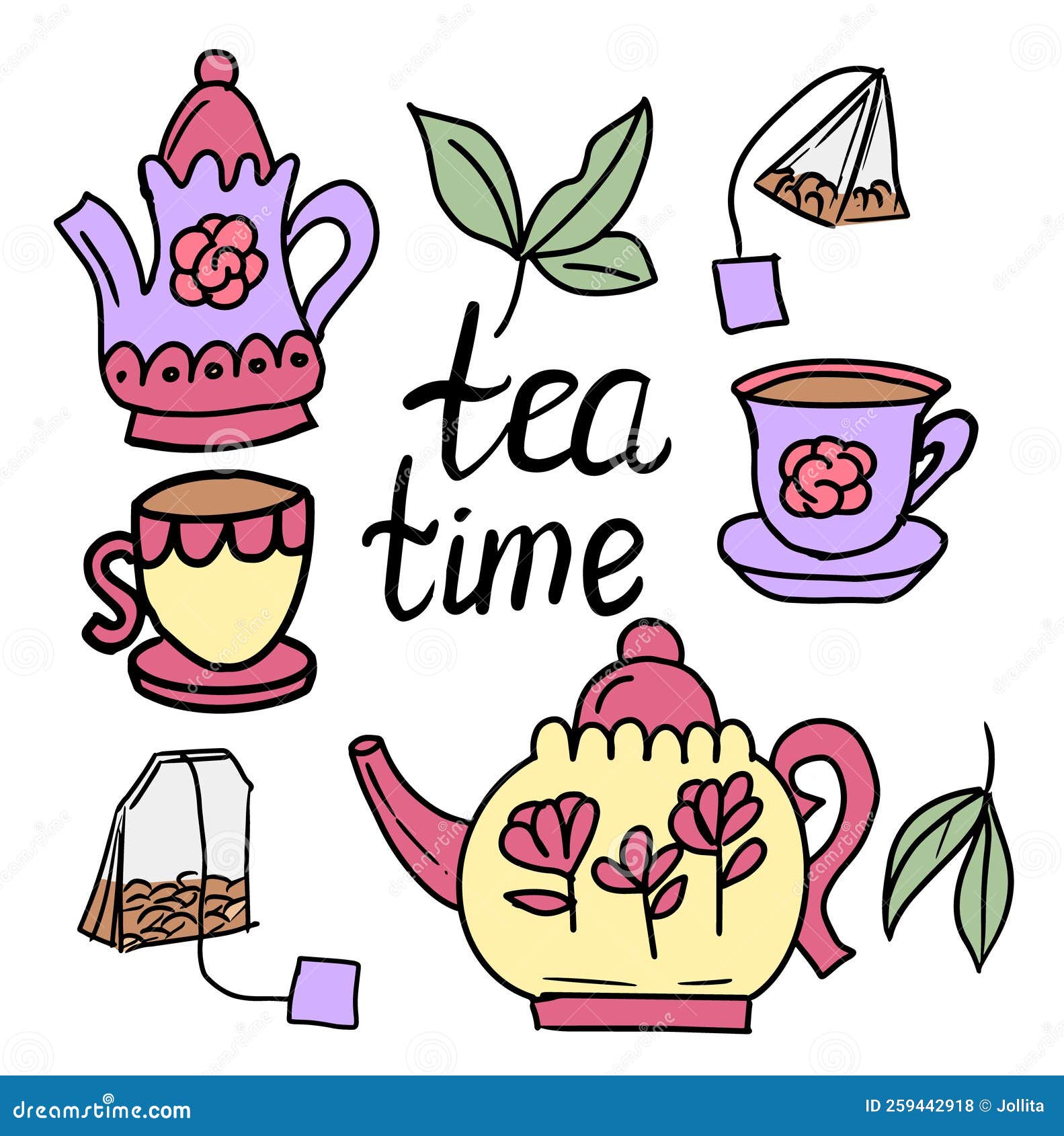 Tea Time Set with Teapot, Cups, Teabags. Vector Illustration Stock ...