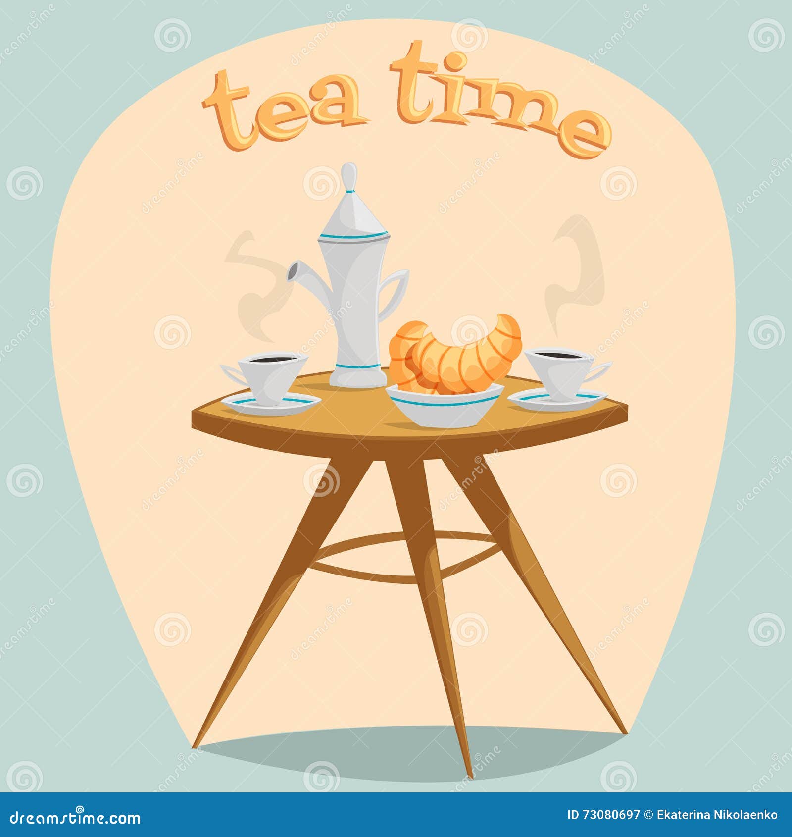 Tea Time. Table with a Kettle, Cups and Croissants Stock Vector ...